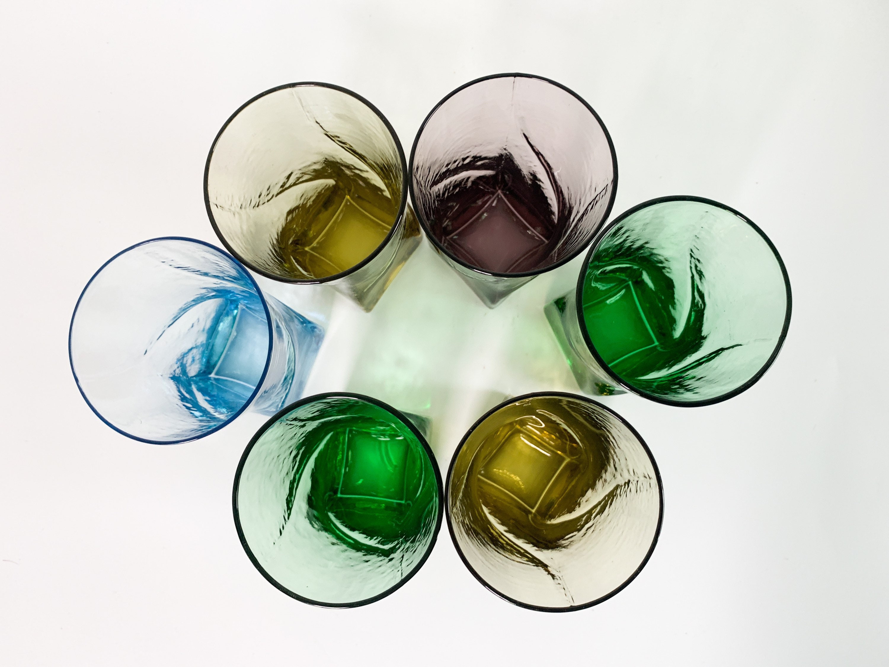 Vintage Set Of 6 Juice Glasses Multi Colored Twist Square Base Design