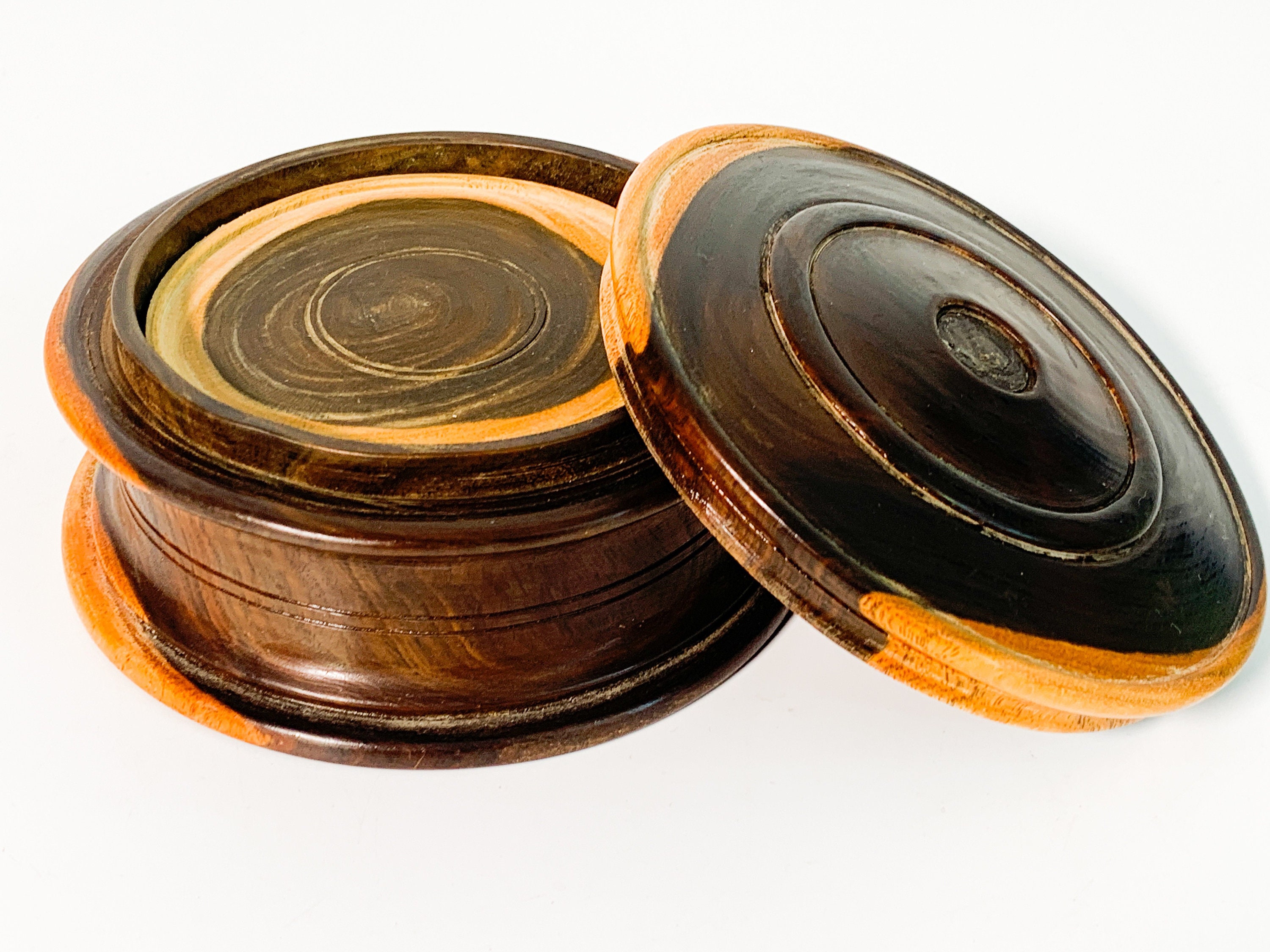 Vintage Set 5 Carved Ebony Coasters in Round Wooden Box w/Lid Cottage ...