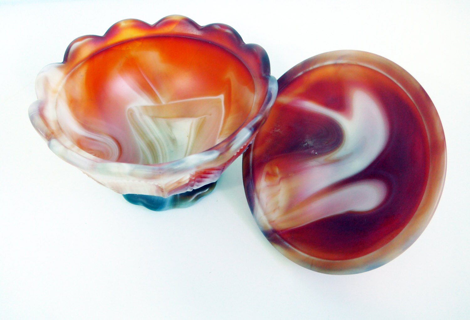 Authentic Imperial Glass Ruby Slag Round Candy Dish & Cover Feather ...