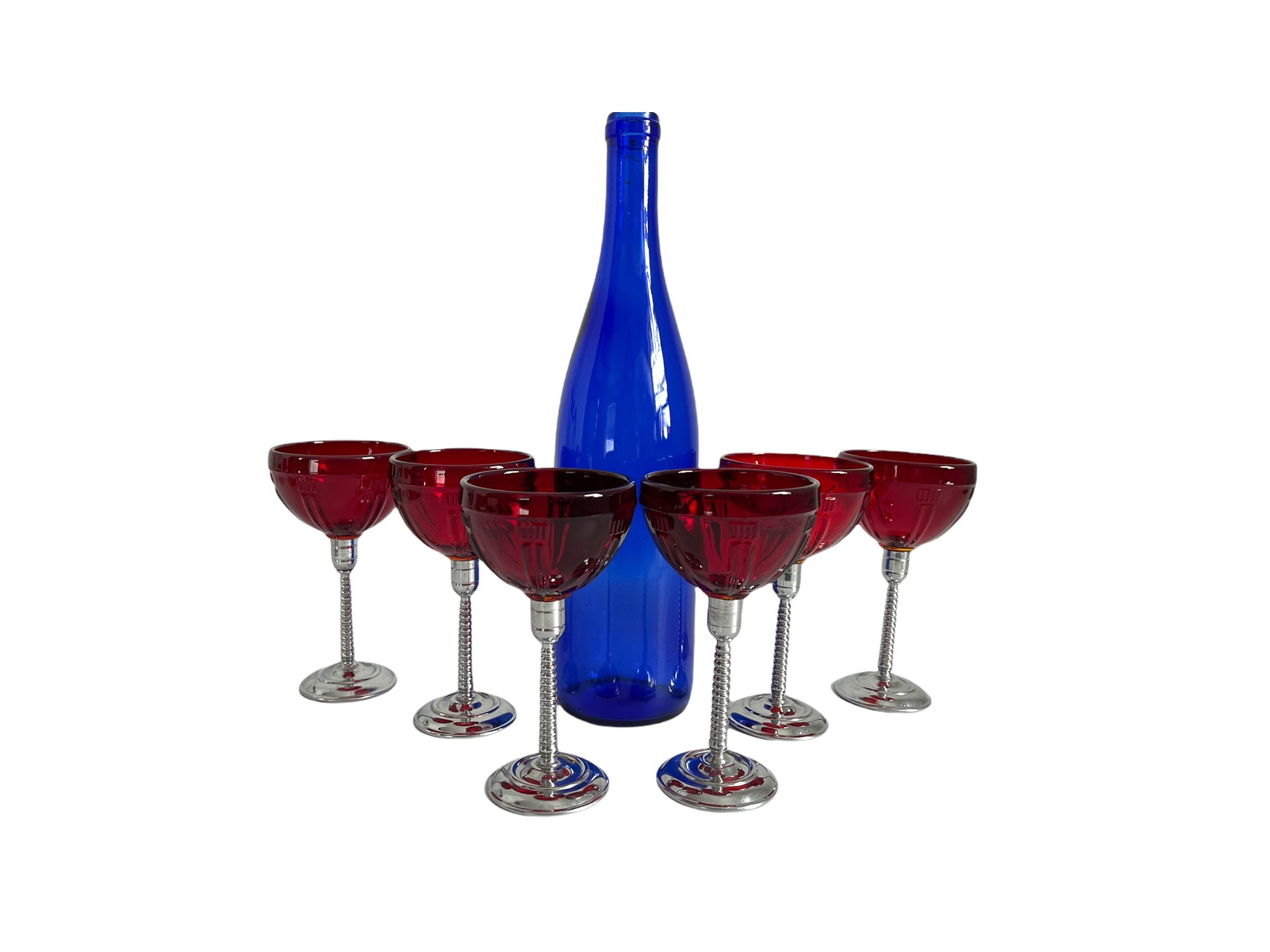 6 Vintage Ruby Red Glass & Metal Stem Glasses Cocktail Liquor ...