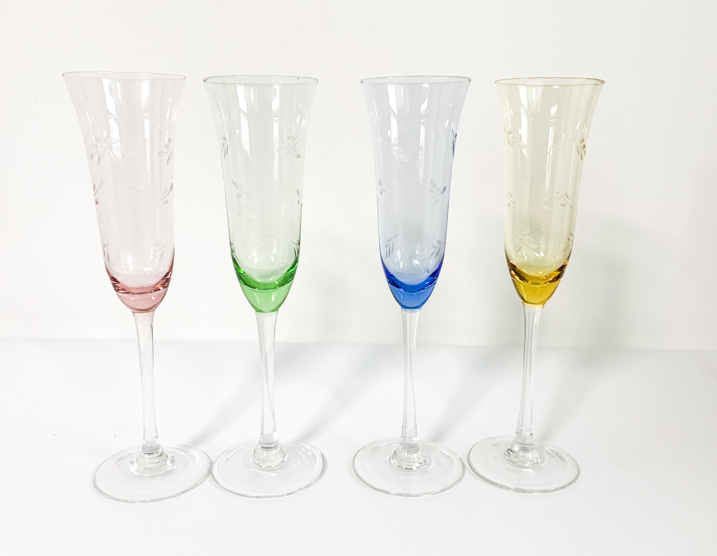 4 Vintage Very Tall Multi Color Etched Champagne Flutes Glasses 10 Set Four Leaf Design