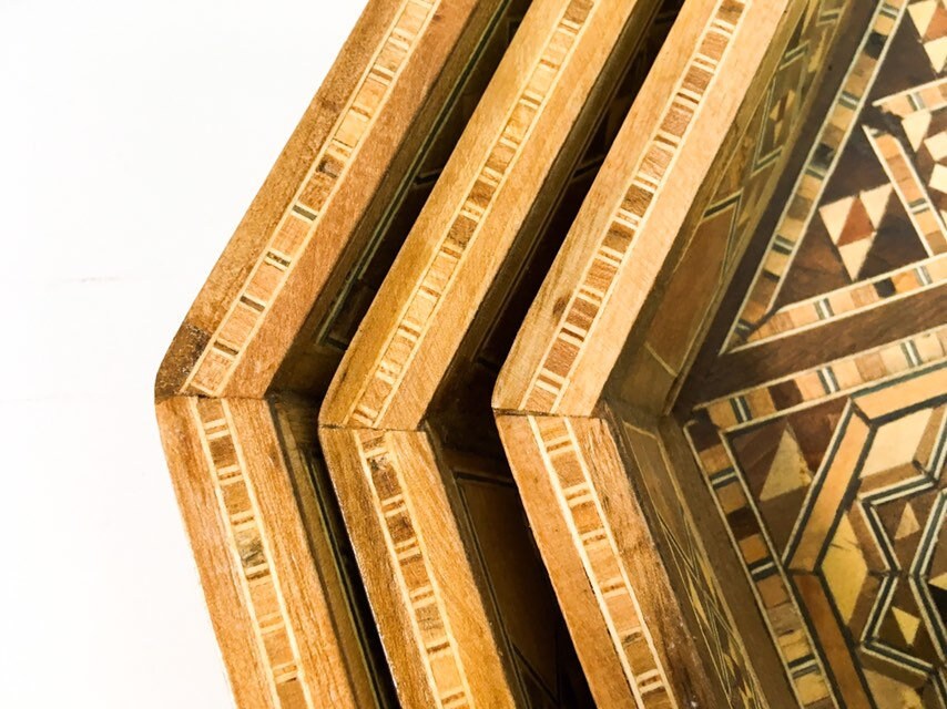 Vintage Set 3 Matching Wood Parquetry Trays - Retro Rectangular ...