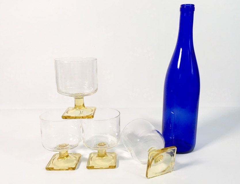 Vintage Federal Glass Nordic Topaz Wine Glasses - Set 4 Square Yellow ...