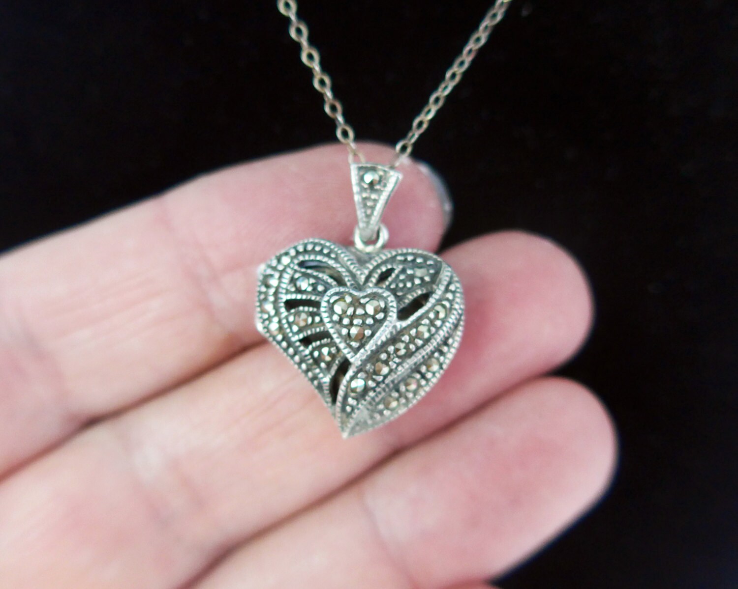 FREE SHIPPING to U.S. Marcasite Sterling Silver Heart Locket Pendant ... FREE SHIPPING to U.S. Marcasite Sterling Silver Heart Locket Pendant ...
