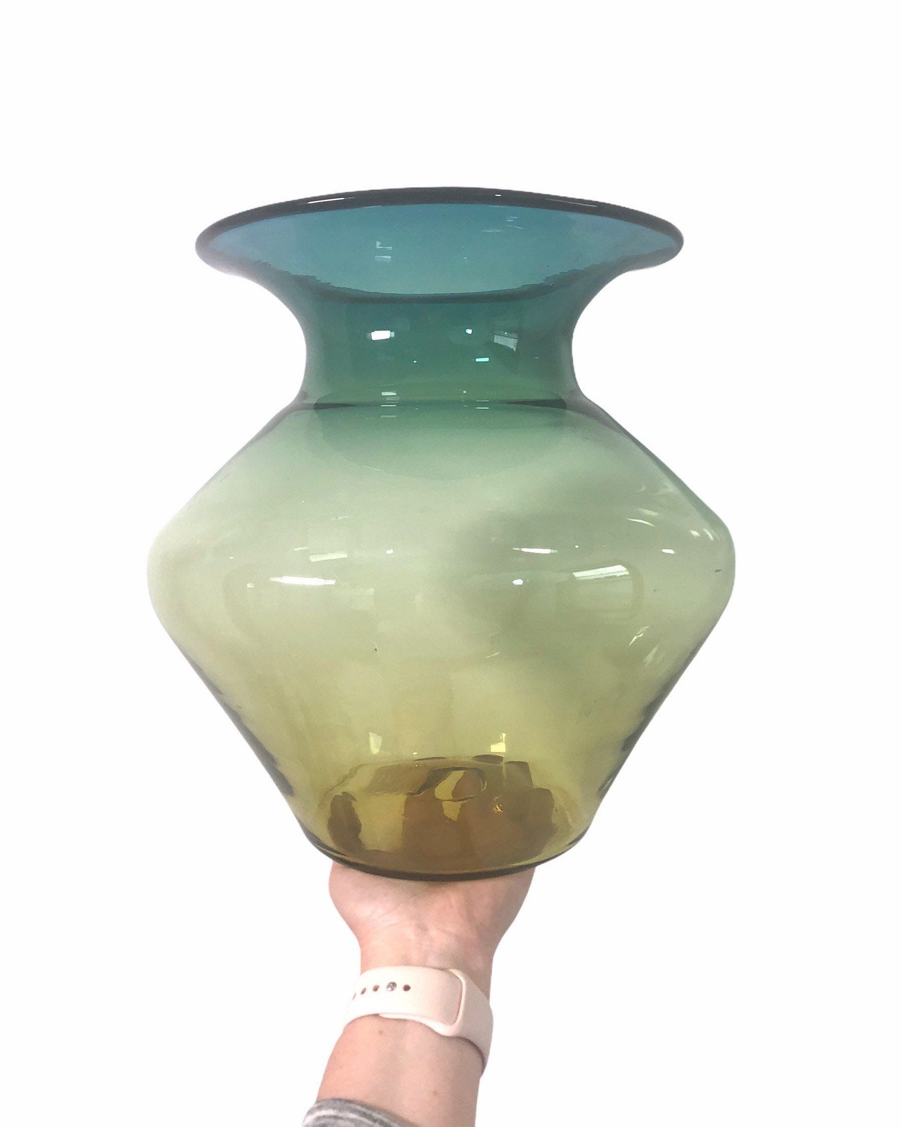 Extra Large Blenko Art Glass Vase Vintage Desert Green Blue To Amberyellow Heavy Glass Vase