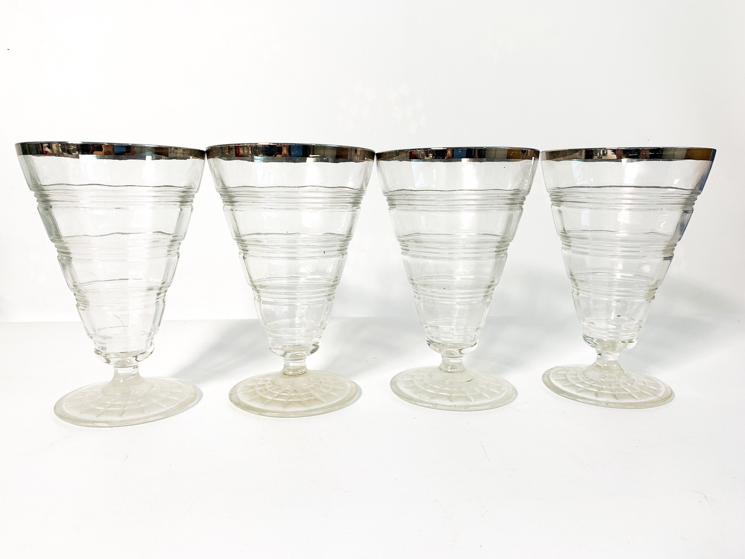 4 Vintage Banded Rings 10 oz Footed Platinum Tumblers by Anchor Hocking ...