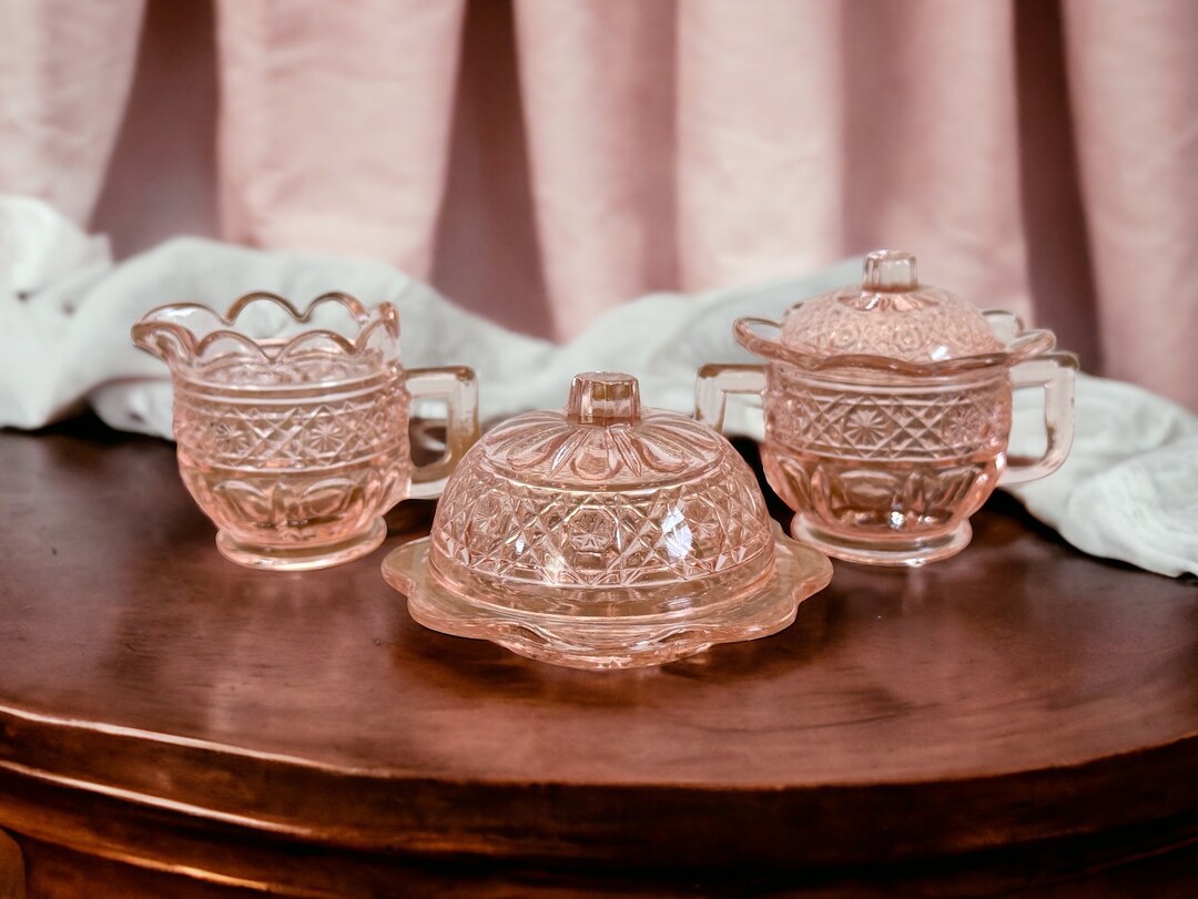 Vintage Pink Higbee Glass Creamer Sugar & Round Covered Butter Dish ...