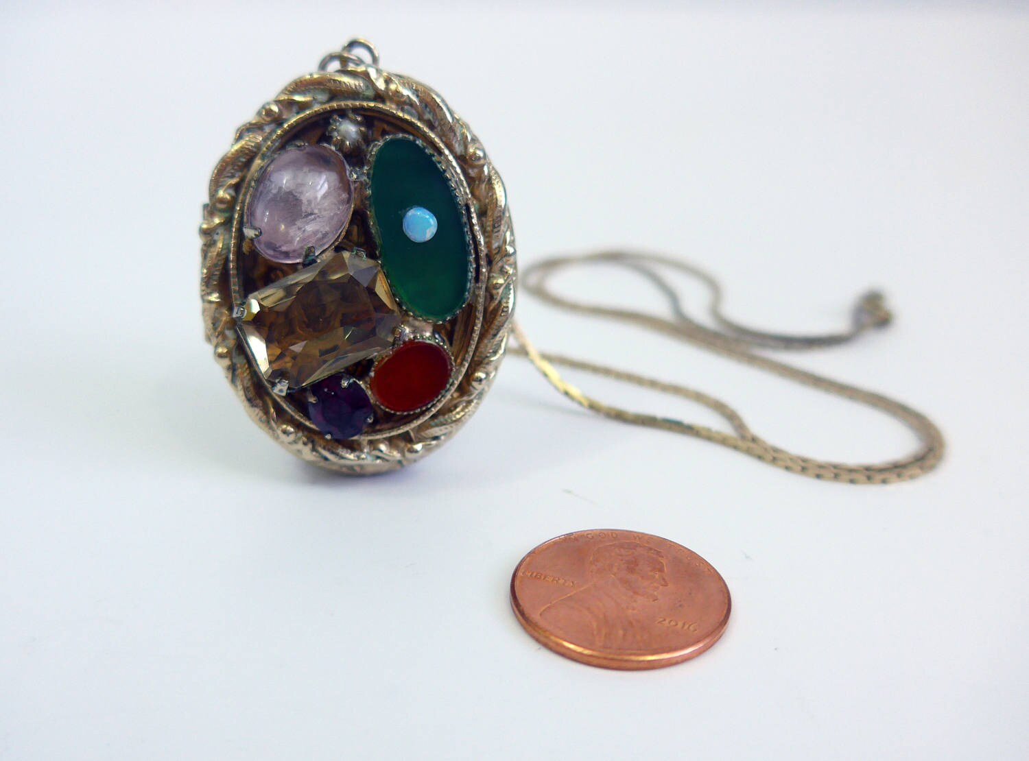 Large Gemstone Gold Tone Locket w/ Old Photos Chain Necklace - Multi ...