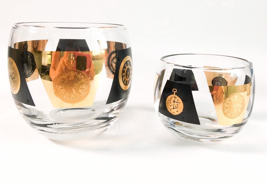 Pair of 2 Mid century Large Roly Poly Glasses Black & Gold w/ Clocks ...