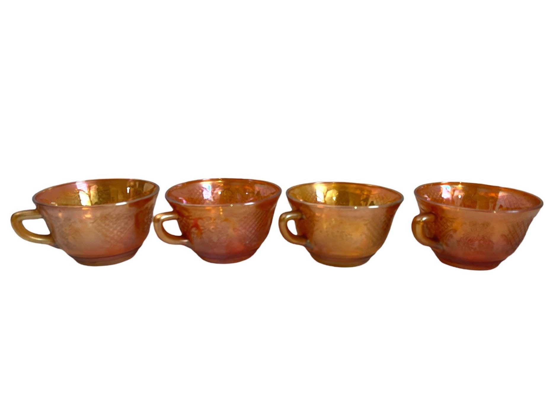 4 Vintage Amber Cups Set Of Four Retro Depression Glass Normandie Pattern Iridescent Orange By