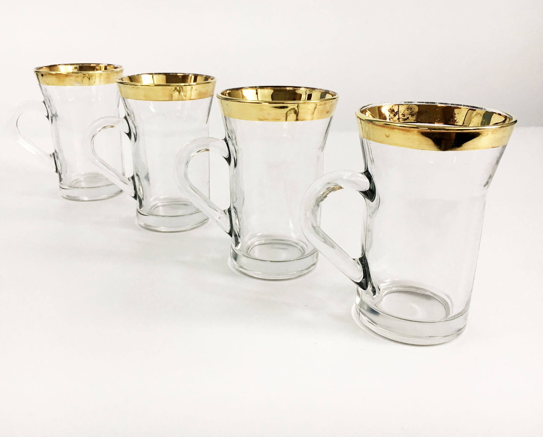 Set Of 4 Clear Glass Gold Rim Coffee Mugs Glasses Made In Italy Gold Rimmed Irish Coffee