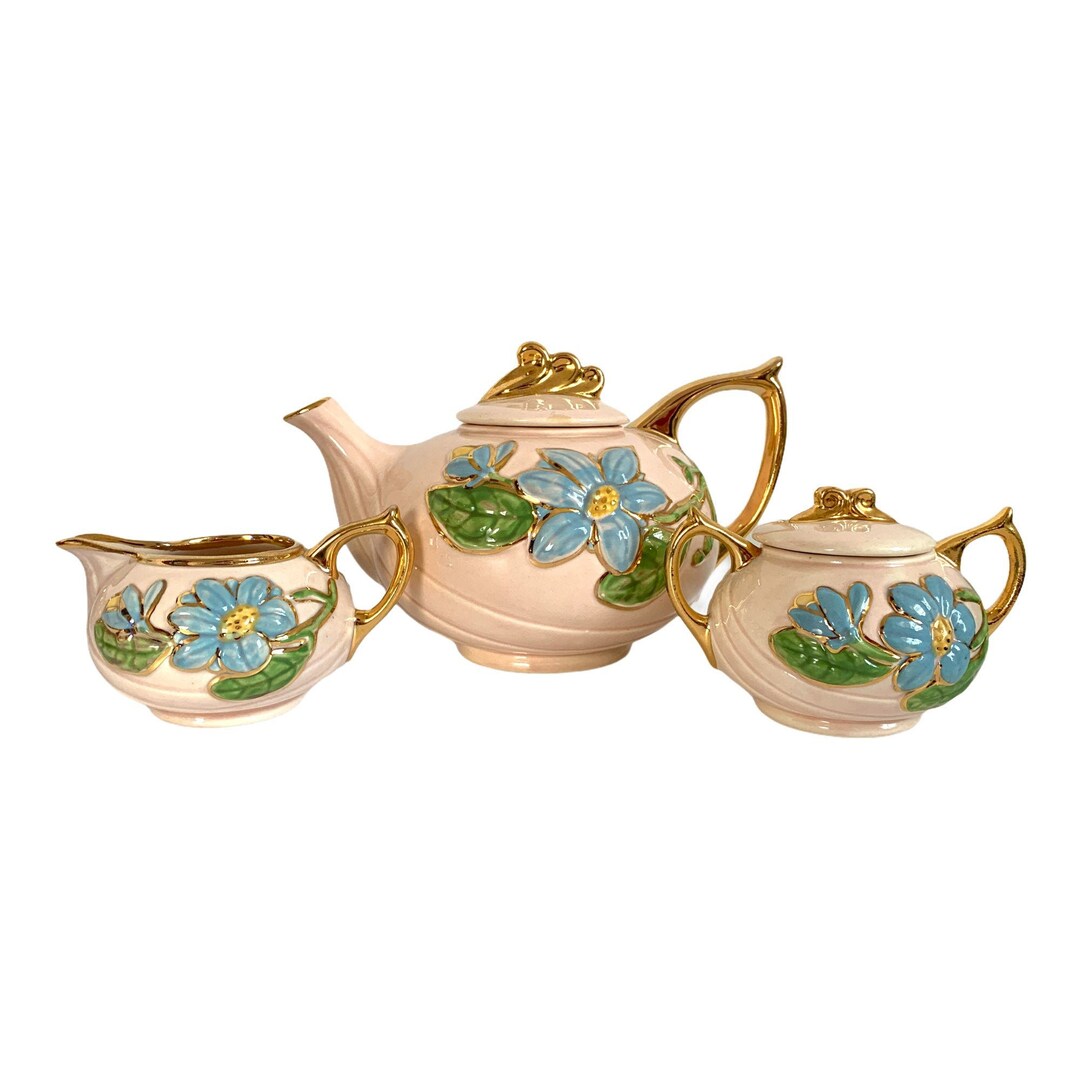 Vintage 3 Pc Set Hull Art Teapot Sugar & Creamer - 1940s Retro Kitchen ...