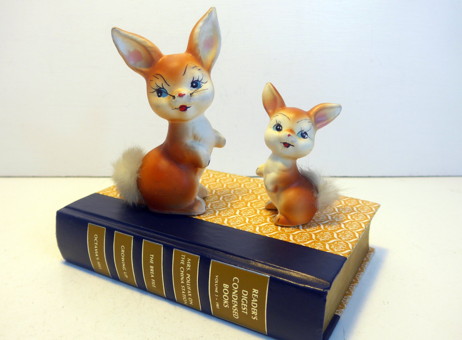Vintage Bunny Figurines - Mama & Baby Bunnies Fur Tails - Kitsch ...