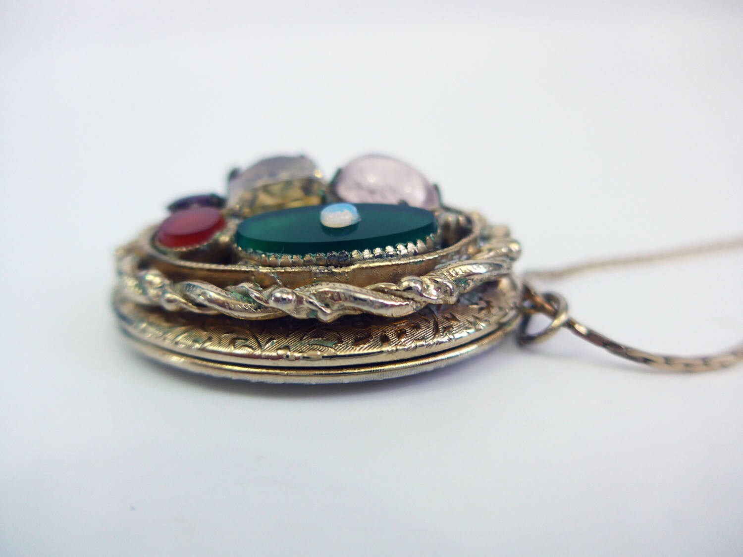 Large Gemstone Gold Tone Locket w/ Old Photos Chain Necklace - Multi ...