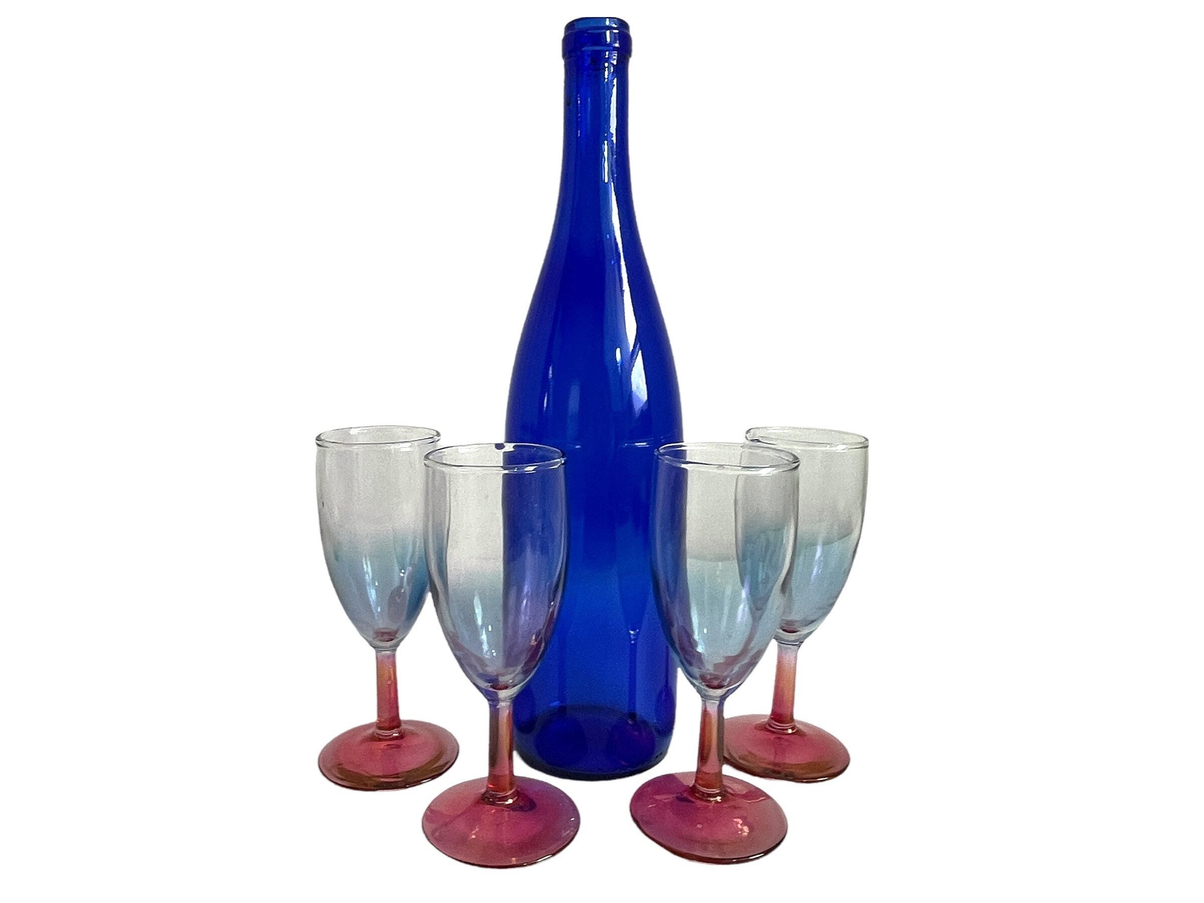 4 Vintage Wine Glasses Blue To Clear Ombré Bowl And Red Stem And Base Set Four Retro Small