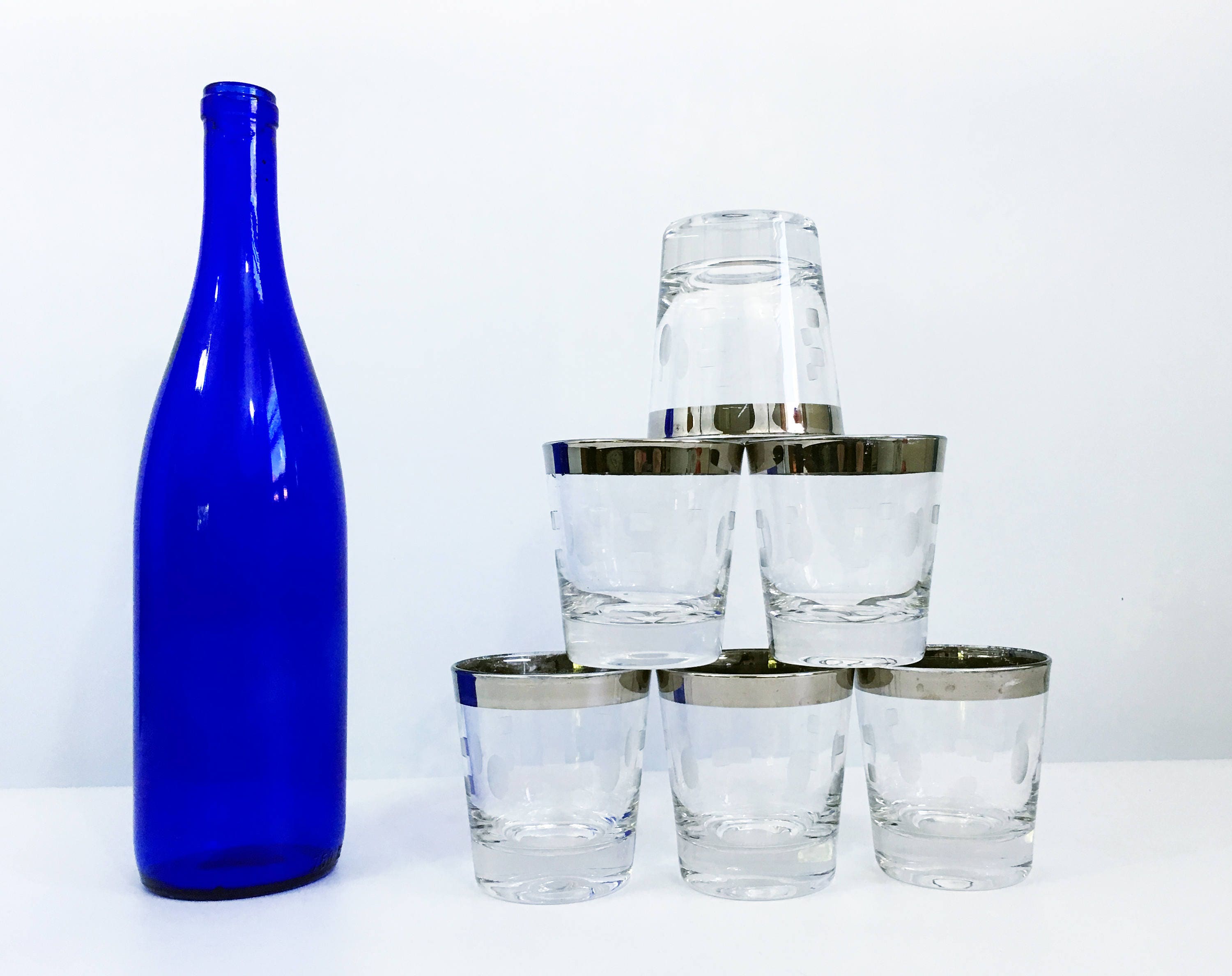 6 Vintage Etched Mid century Rocks Glasses - 6 Retro Mad Men Era Silver ...