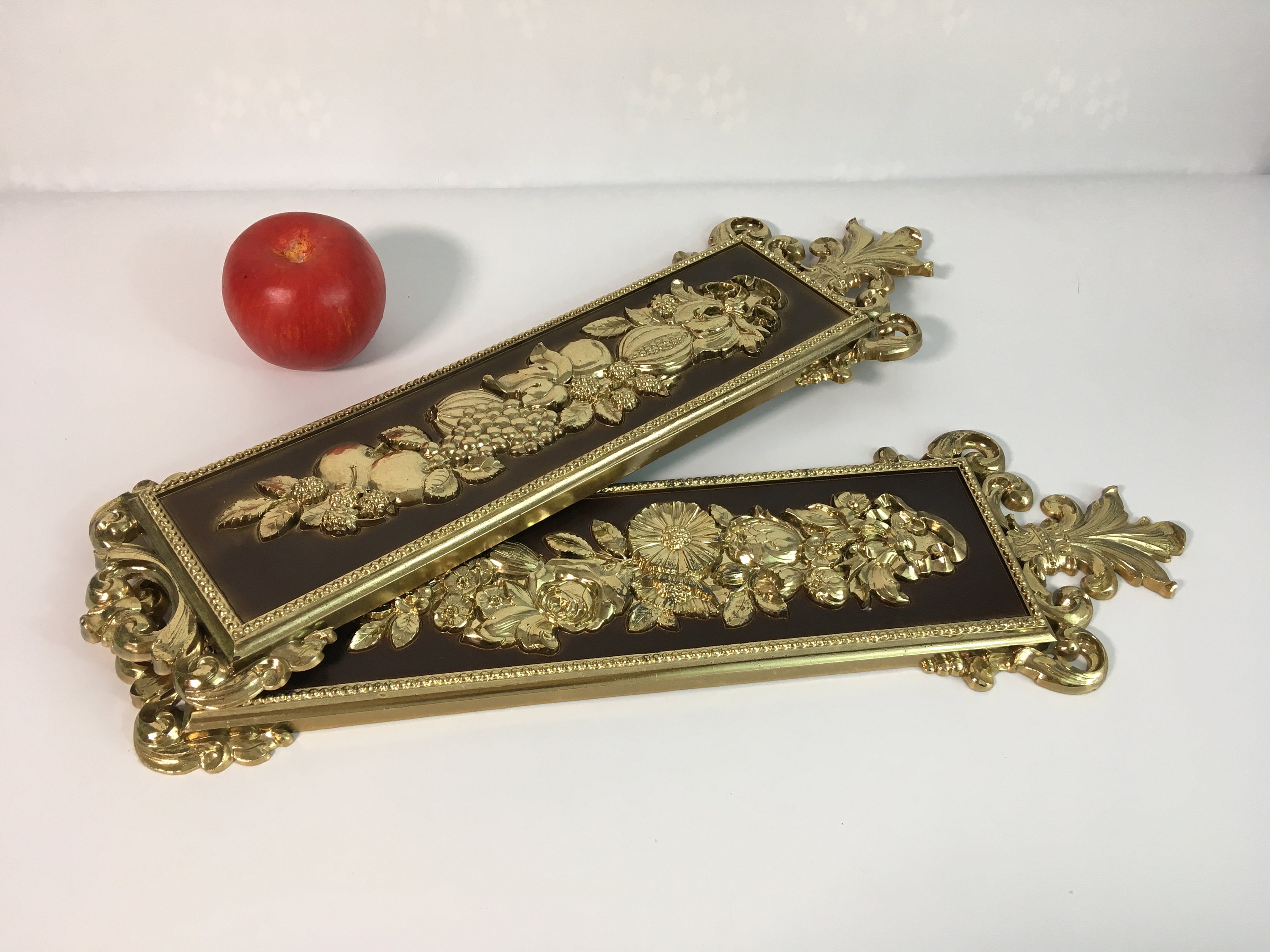 Set of 2 Vintage Gold & Brown Ornate Wall Hangings Mid Century LONG ...