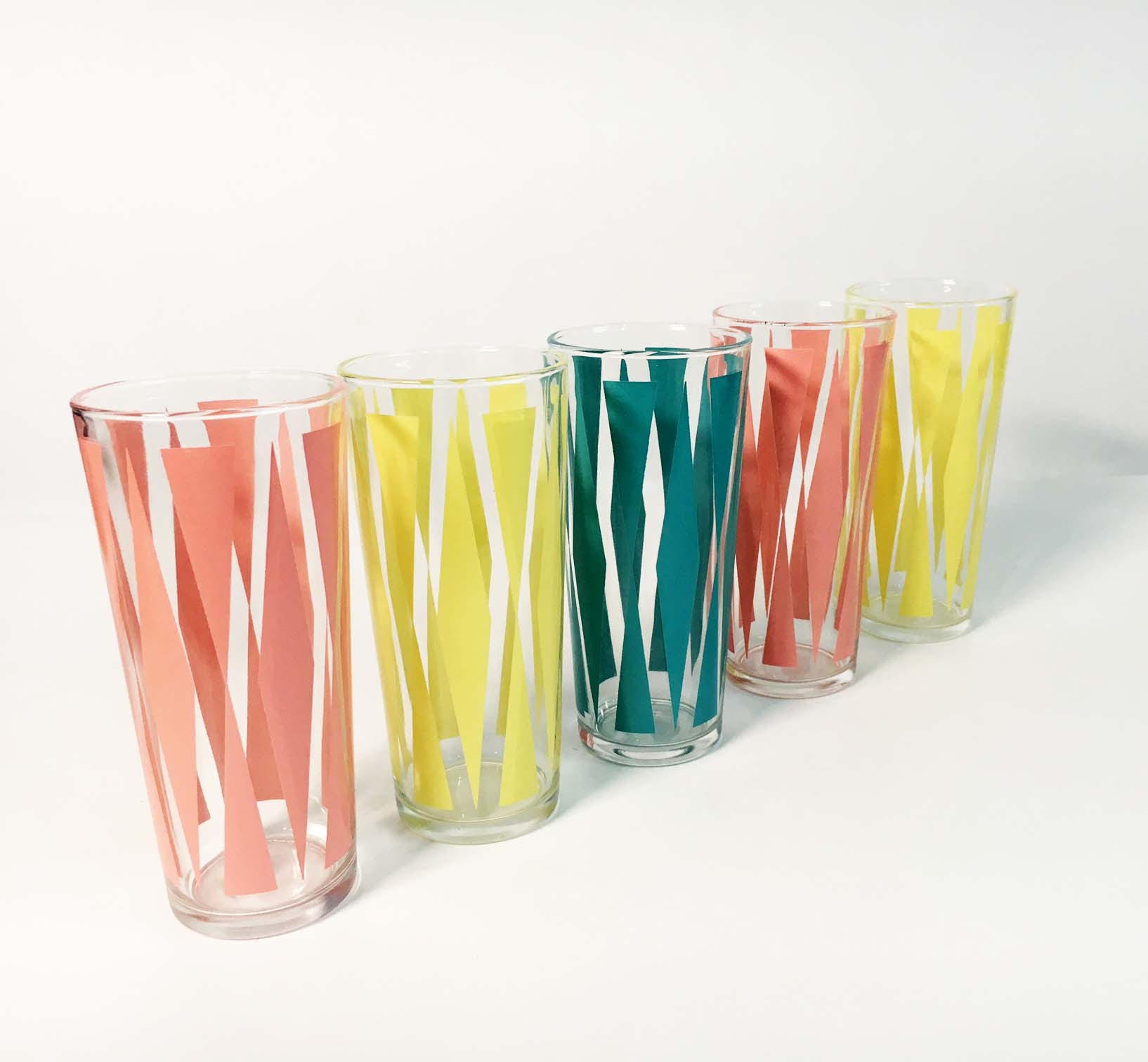 Set of 5 Vintage Colorful Tumbler Glasses - Turquoise Pink Yellow ...