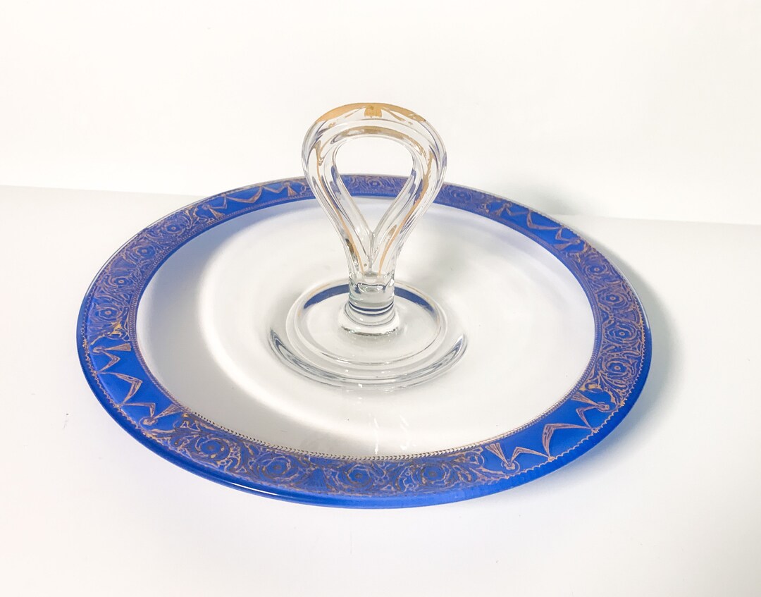 Vintage Cobalt Blue & Gold Glass Tidbit Tray: Center Handle Serving ...