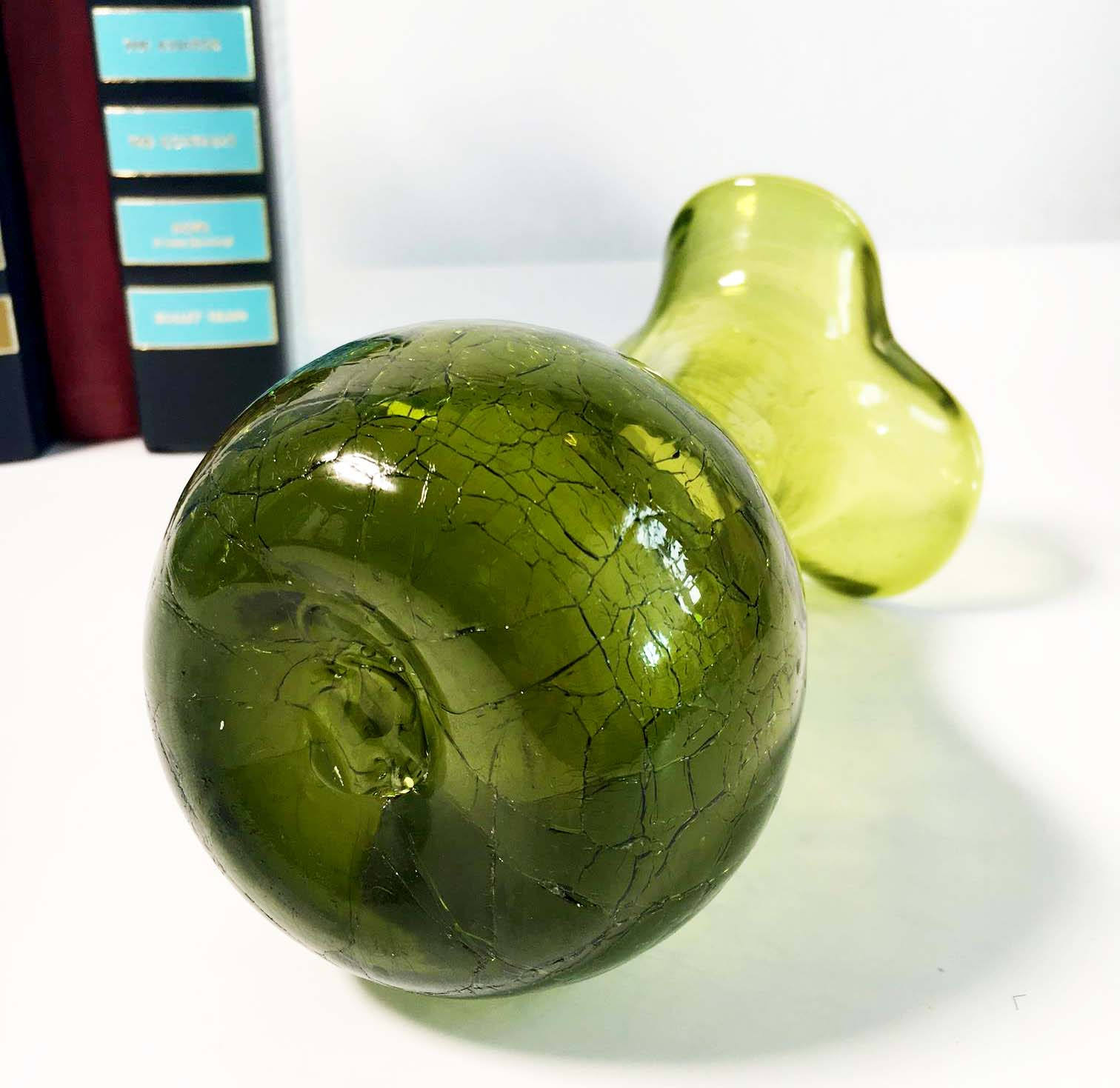 Vintage Green Crackle Glass Vase Handblown Green Glass With Wavy Top Retro Home Kitchen
