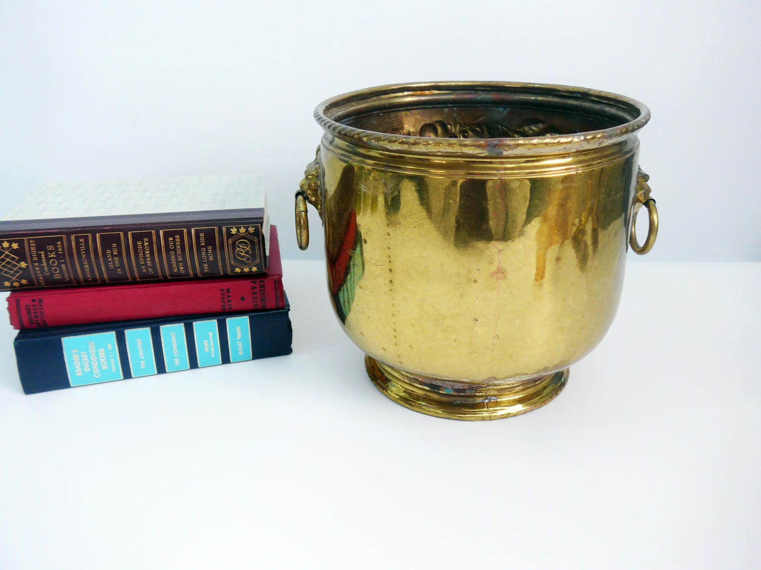 Vintage Brass Ice Bucket or Planter - Made in Belgium - 2 Lion Handles ...