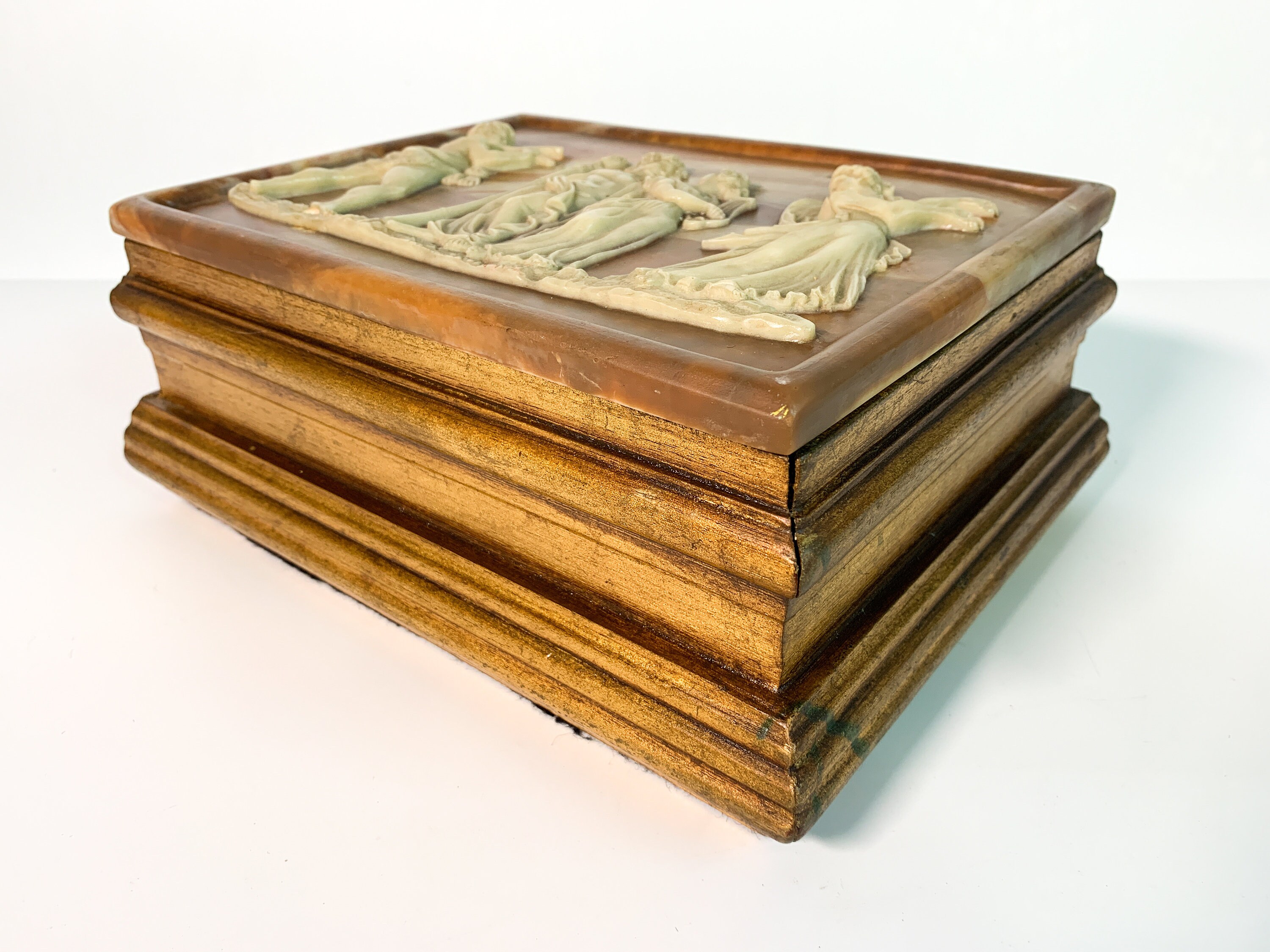 Vintage Incolay Carved Stone & Wood Jewelry Box - Velvet Lined 2 ...
