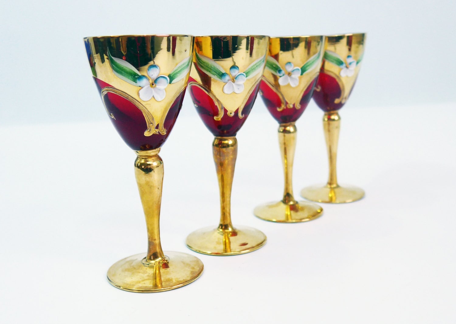 4 Vintage Bohemian Czech Ruby Red w/ Gold Gilt Stems - Glass Cordials w ...