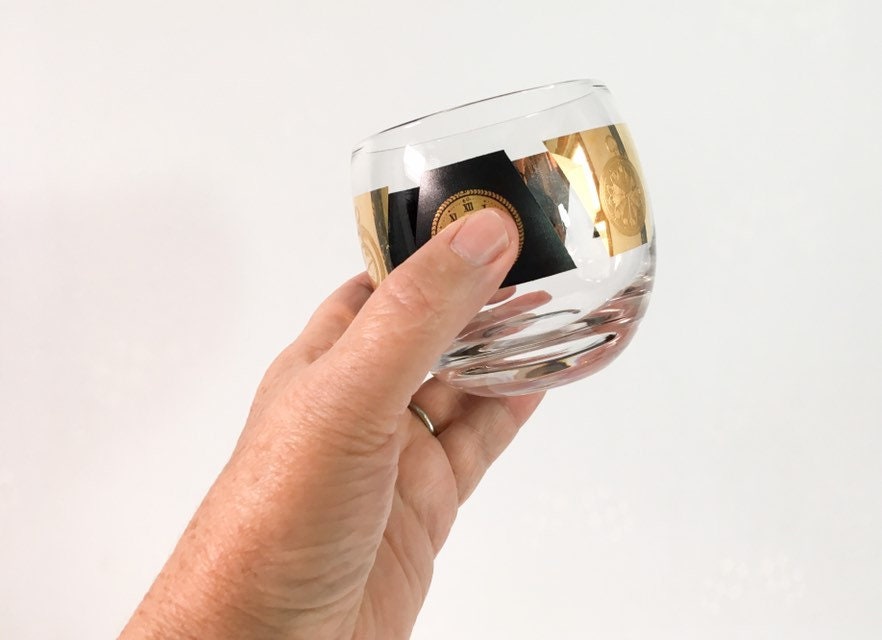 Pair of 2 Mid century Large Roly Poly Glasses Black & Gold w/ Clocks ...