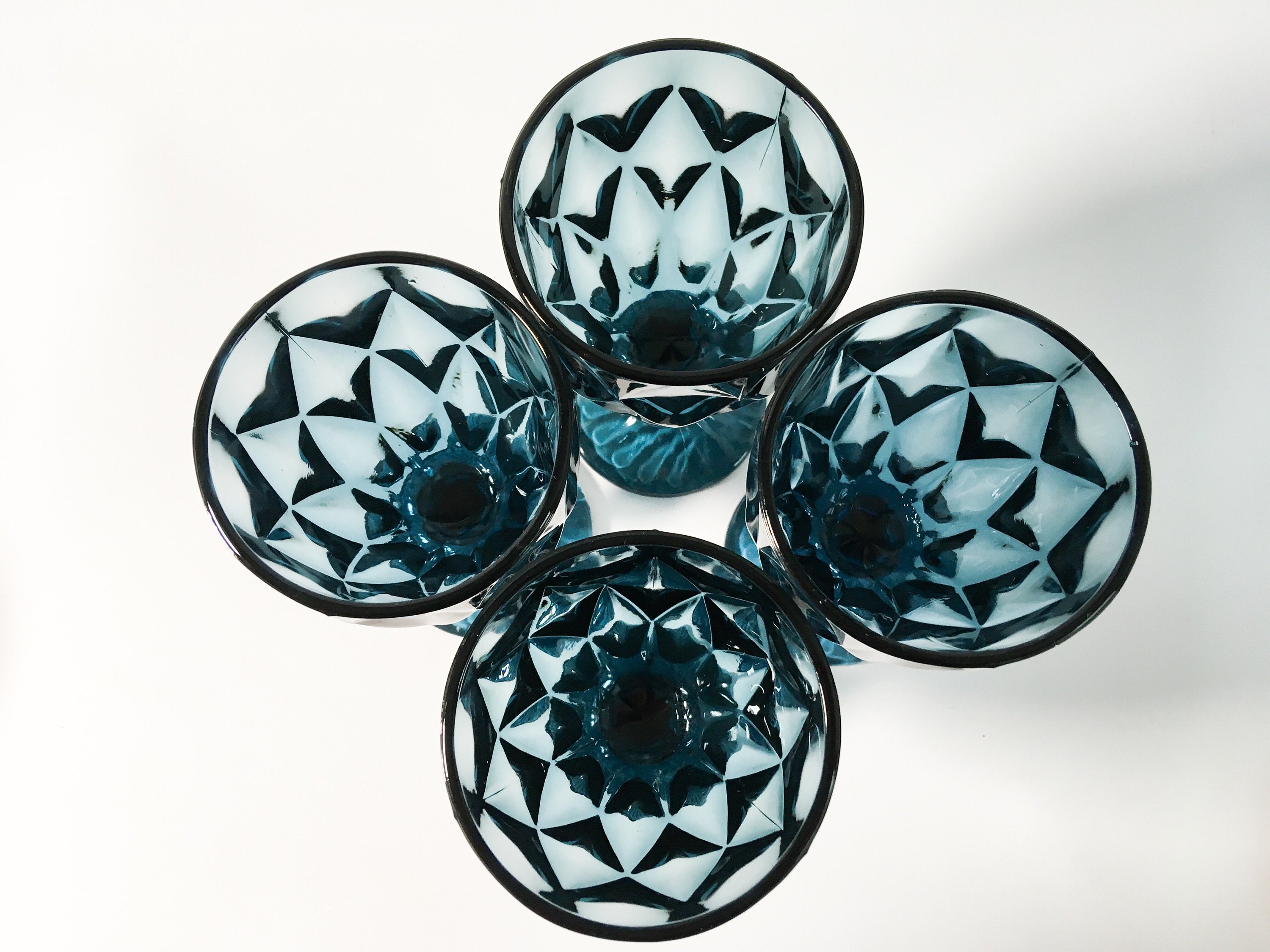 Vintage Set 4 Dark / Dusky Teal Blue Water Glasses Goblets - Four Retro ...