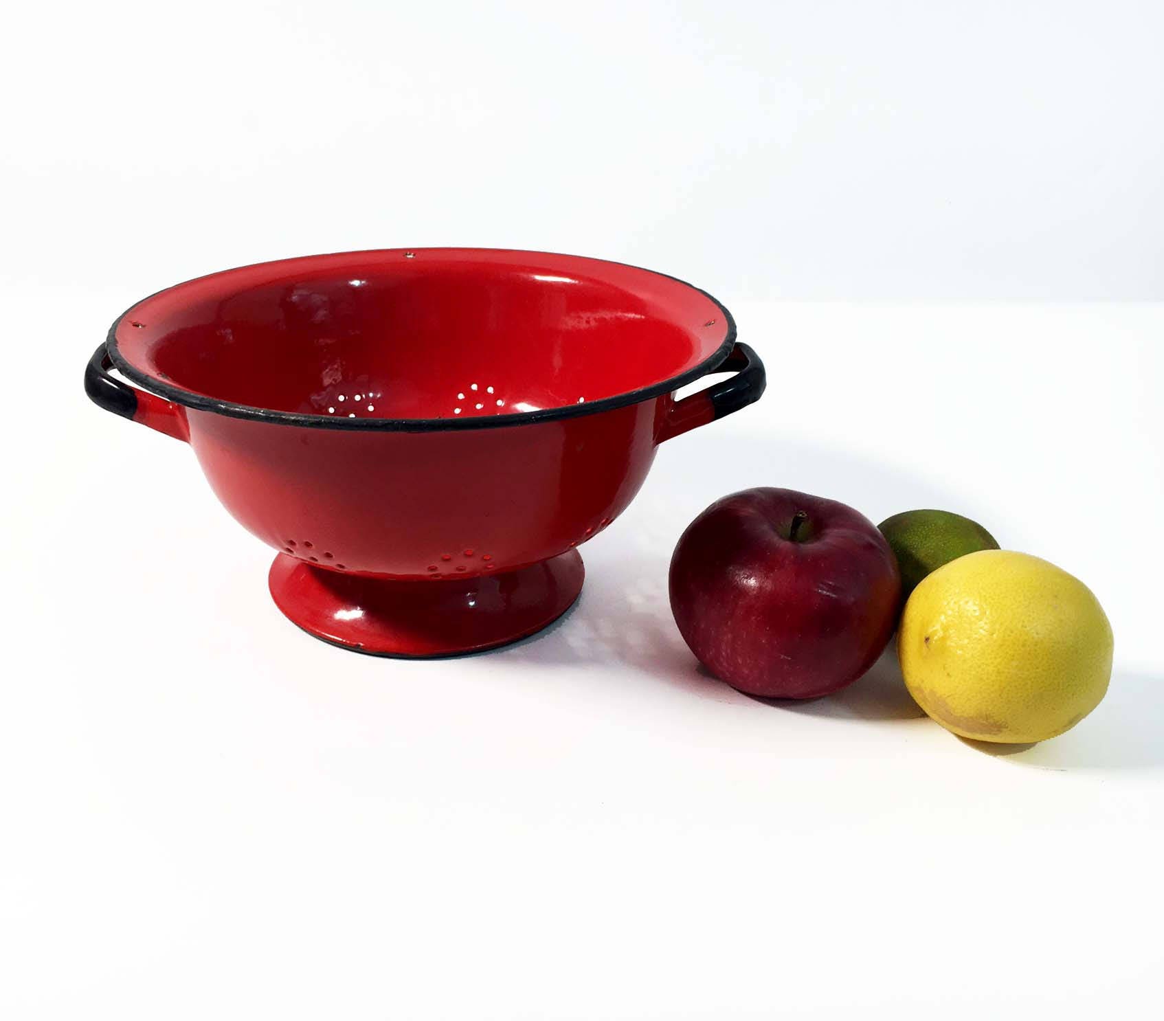Vintage Enamelware Colander in Bright Red and Black Handled Strainer ...