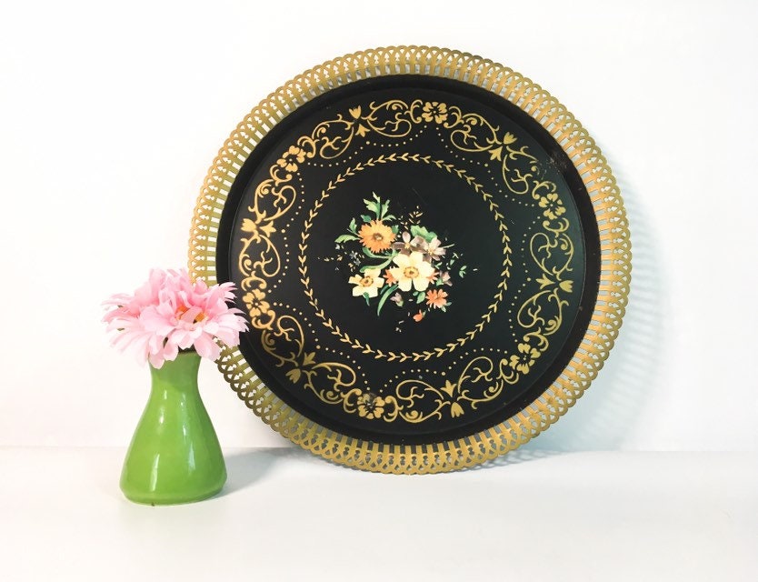 Vintage Round Metal Serving Tray - American Art Works Black Mid Century