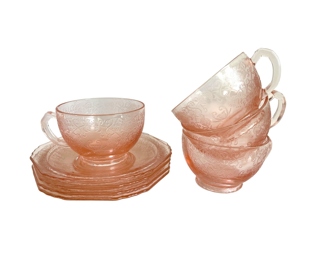 4 Hazel Atlas Florentine Pink Depression Glass Footed Cups & Saucers Ca ...