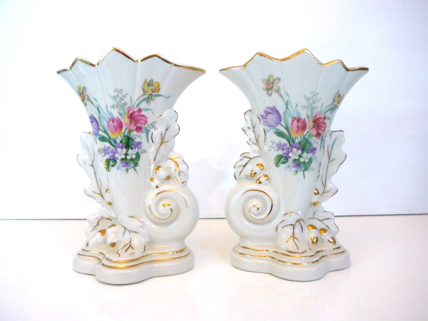 Vintage Pair Vases Ceramic Floral on Ivory Vases Gold Trim - 2 Fan ...