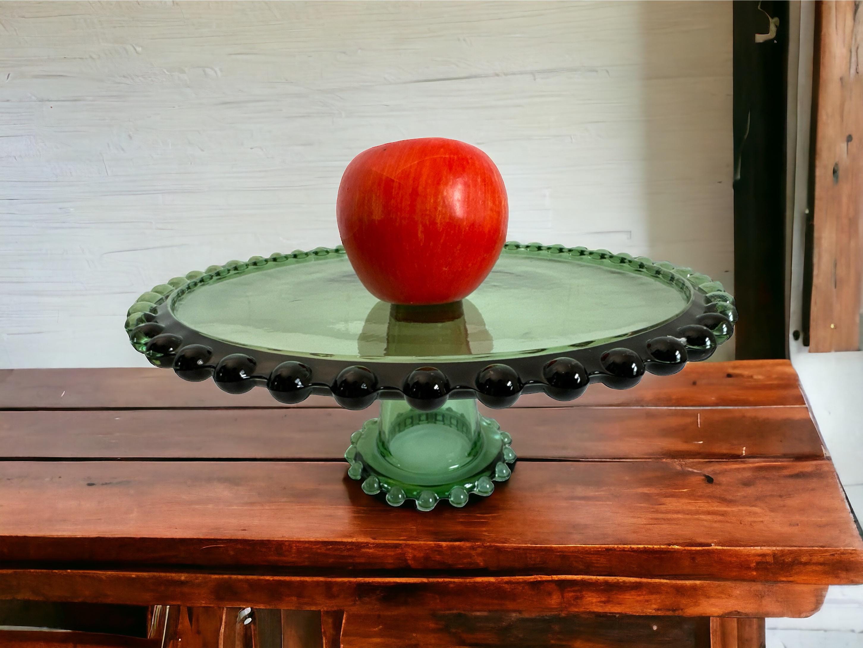 Beaded Edge Glass Cake Stand - Pedestal Green Glass - Colored Vintage ...
