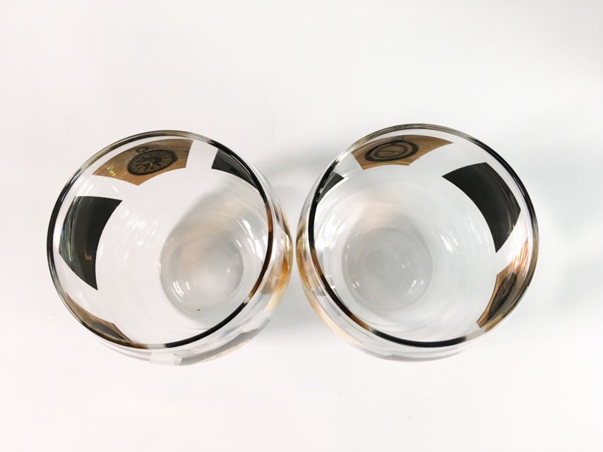 Pair of 2 Mid century Large Roly Poly Glasses Black & Gold w/ Clocks ...