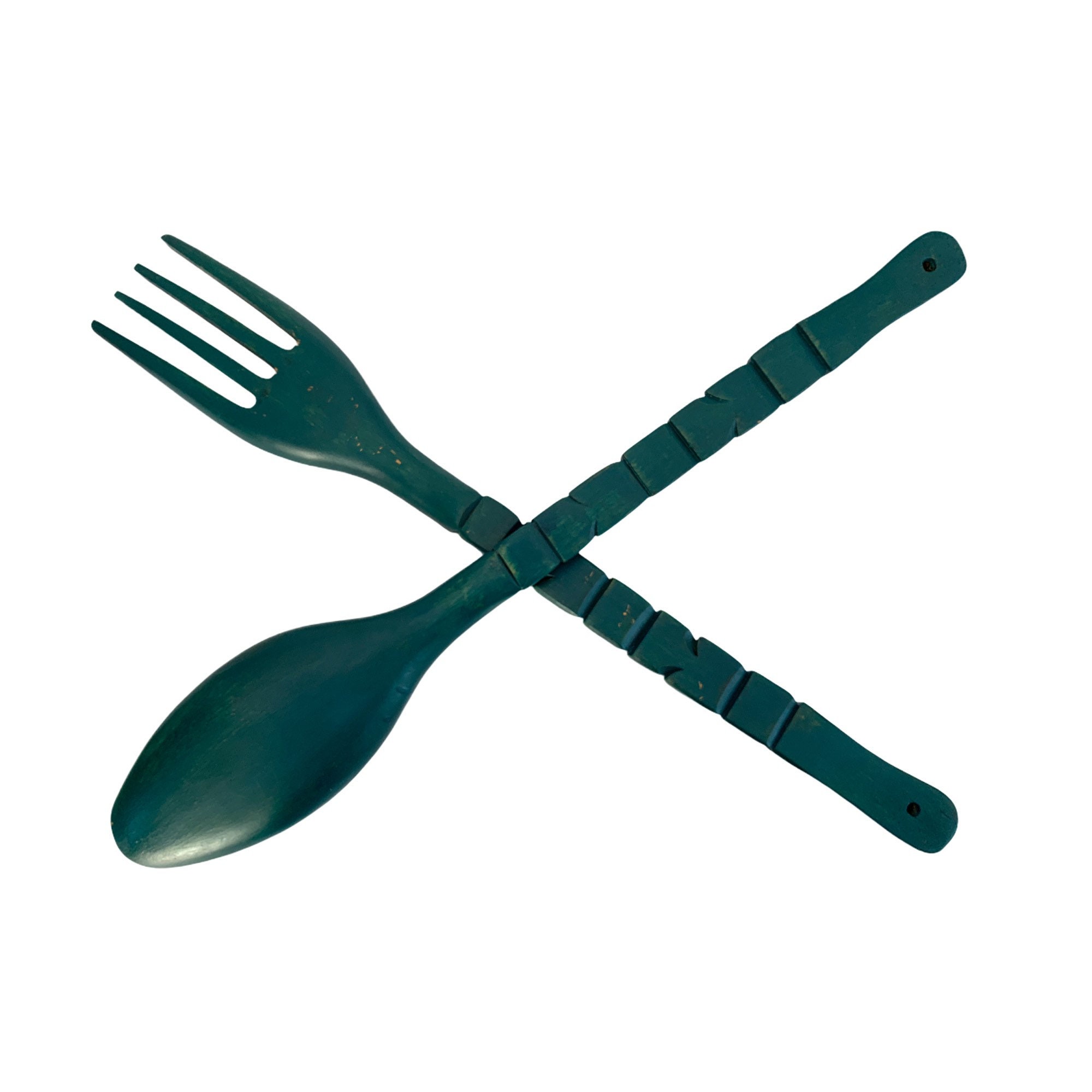 Retro LARGE Oversized Teal Blue/Green Wooden Spoon & Fork Set - Vintage ...