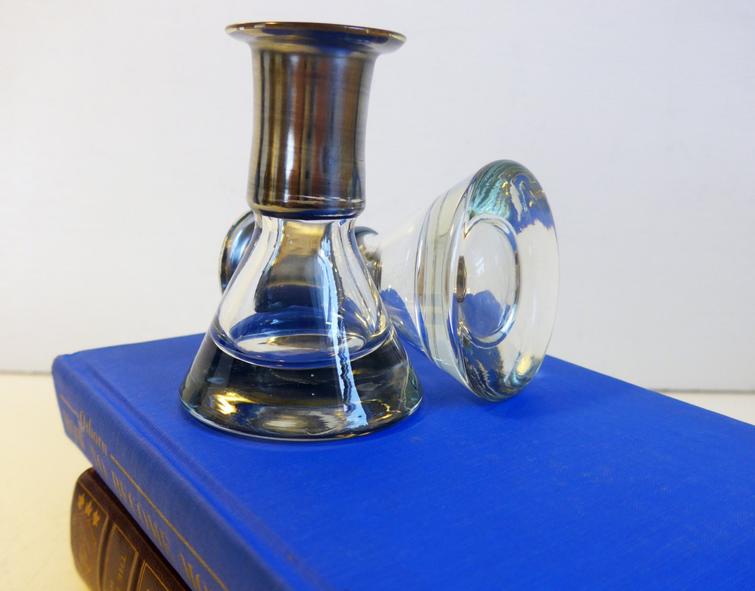 Pair Vintage Silver Band Glass Candlestick Holders - Short Mod ...