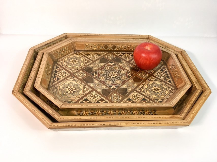 Vintage Set 3 Matching Wood Parquetry Trays - Retro Rectangular ...