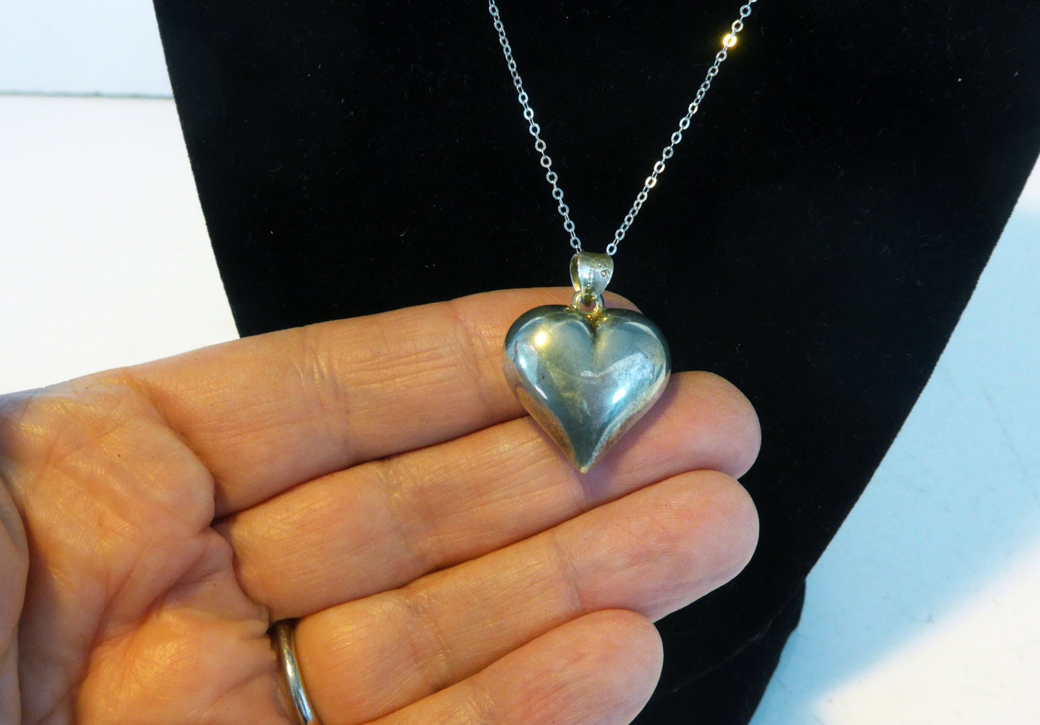 Vintage 925 Sterling Silver Puffy Heart Shaped Pendant Necklace with ...