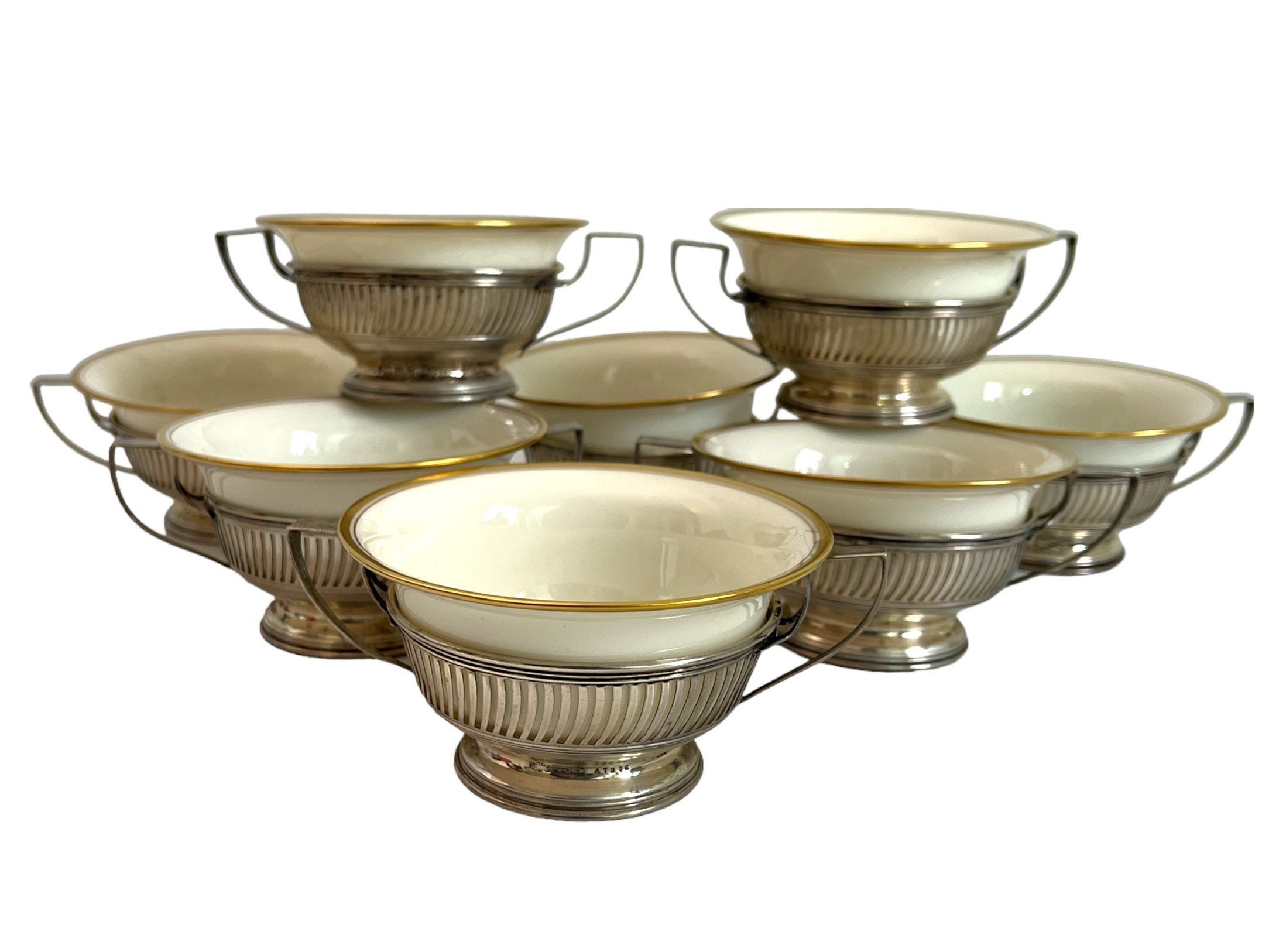 10 GORHAM Sterling Silver Soup / Bouillon Cup Openwork Holders w/ 10 ...