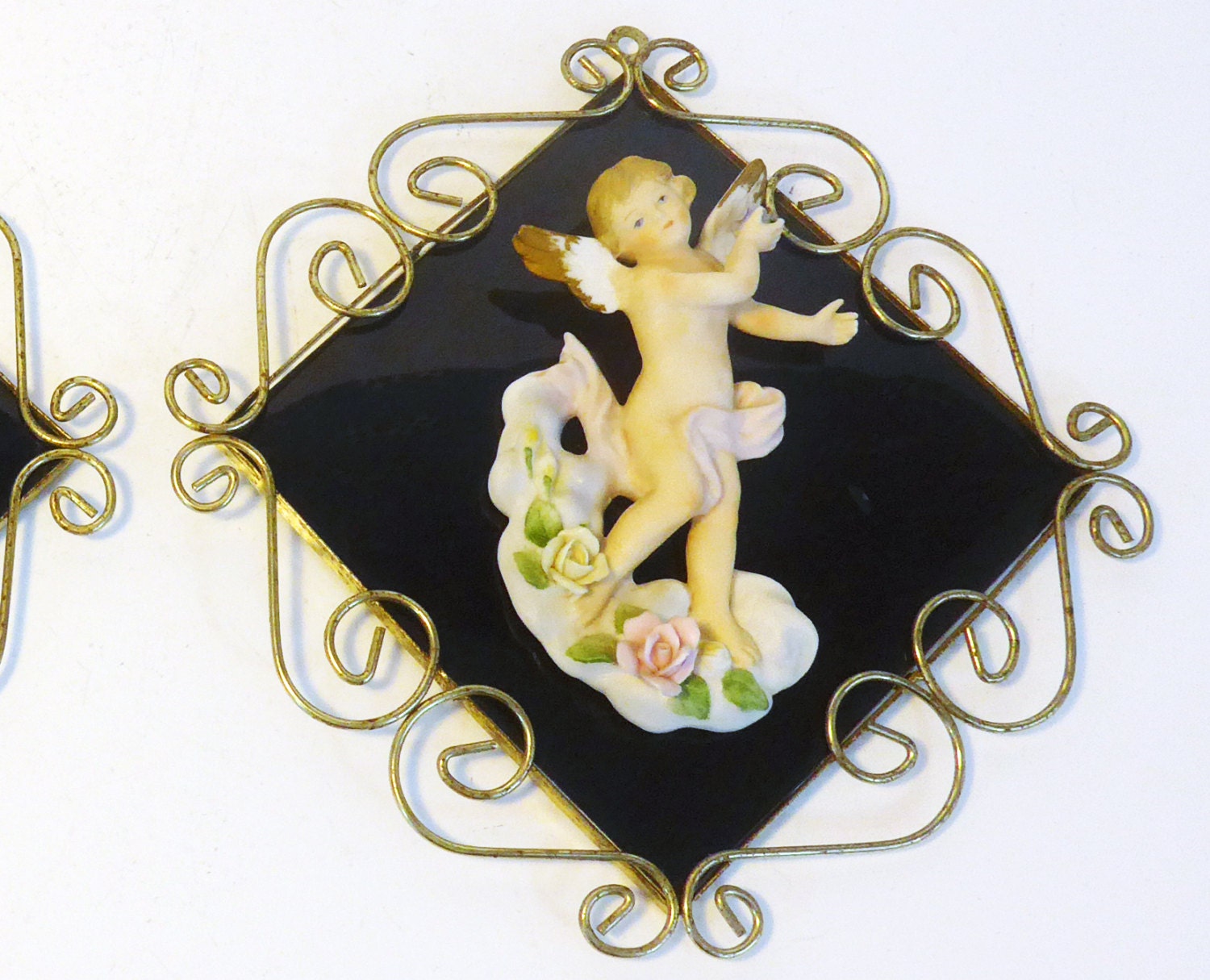 2 Vintage Wall Decor Ceramic Angels on Tile w/ Wire Trim - Pair Mid ...