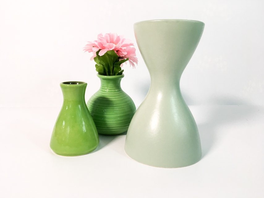 Vintage Romania Hourglass Shaped Vase Light Pale Green Matte Finish Retro Mod Modern Mid