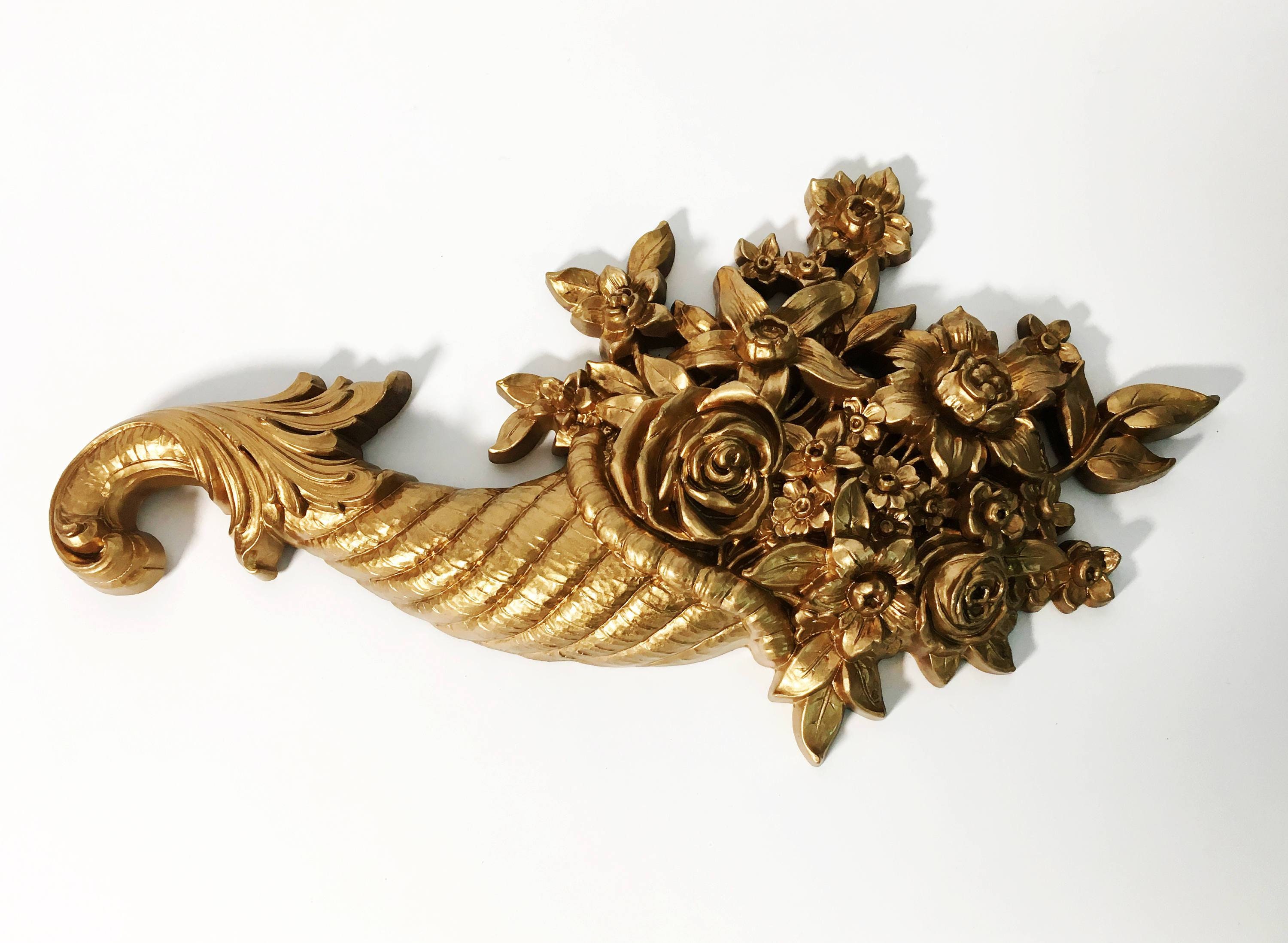 Vintage Gold Syroco Cornucopia Wall Hanging - Large 3D Floral Wall ...