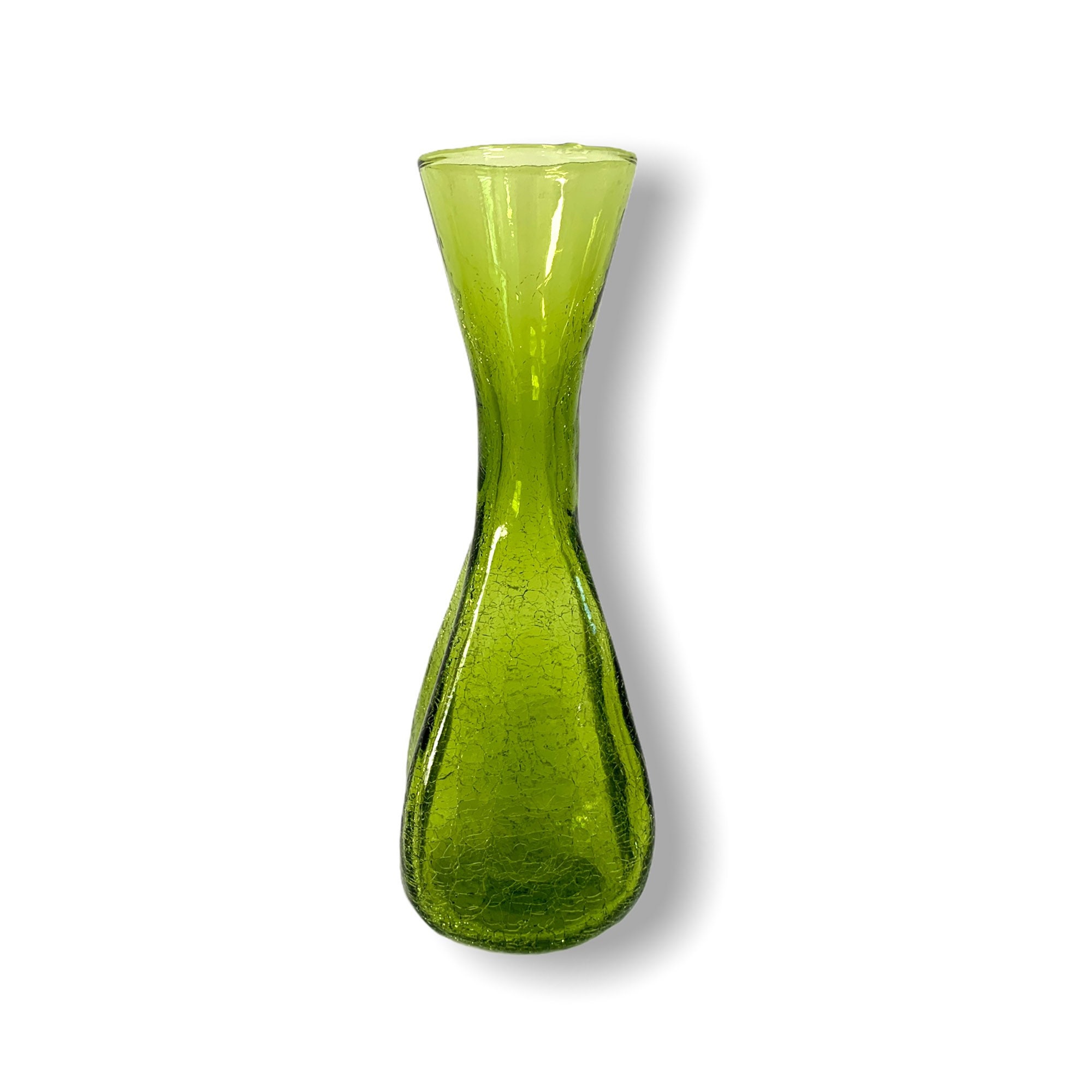 Vintage Green Crackle Glass Vase Paneled Base Hand Blown Dark Green Retro Home Decor