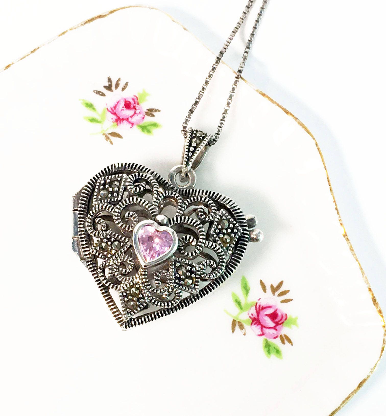 Vintage Marcasite Sterling Silver Heart Necklace Locket and Chain ... Vintage Marcasite Sterling Silver Heart Necklace Locket and Chain ...