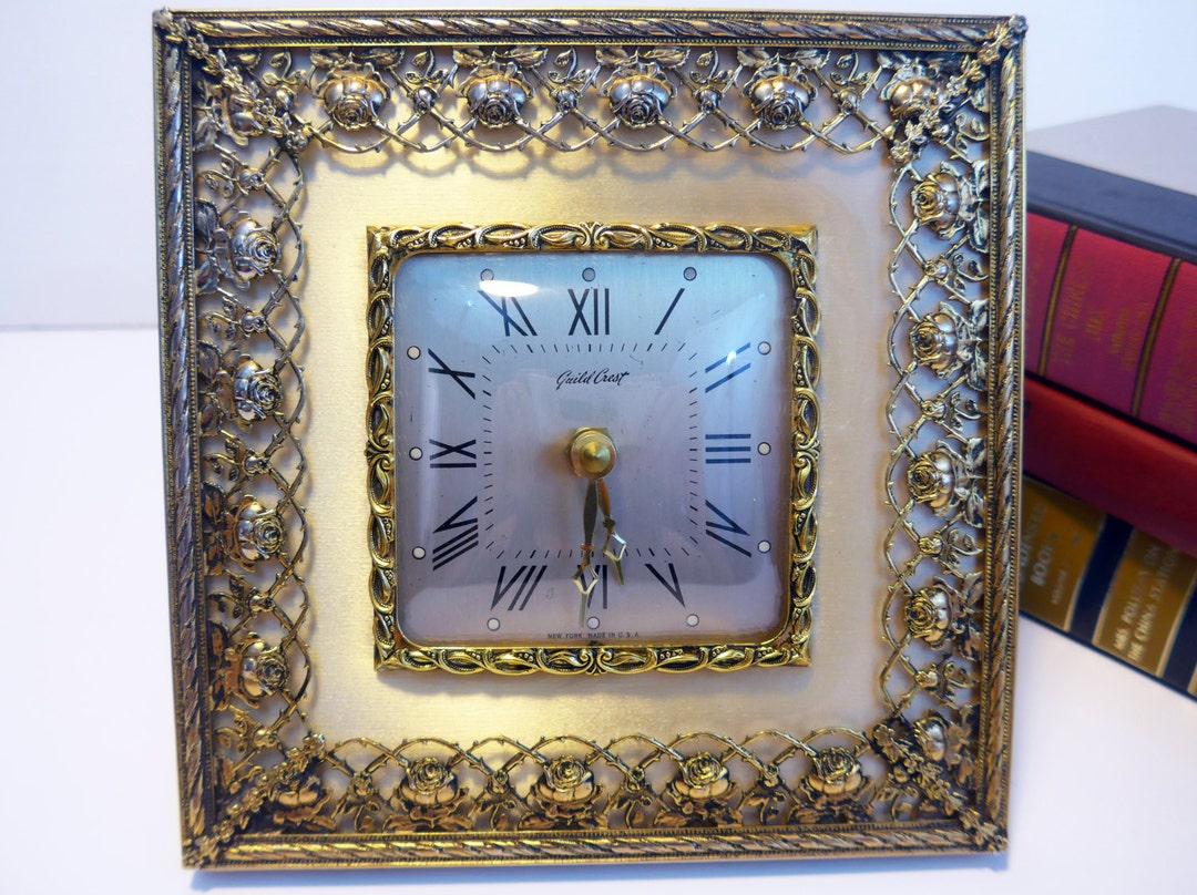 Vintage Guild Crest Clock Ornate Gold Filigree Table Clock W/ Stand Mid ...