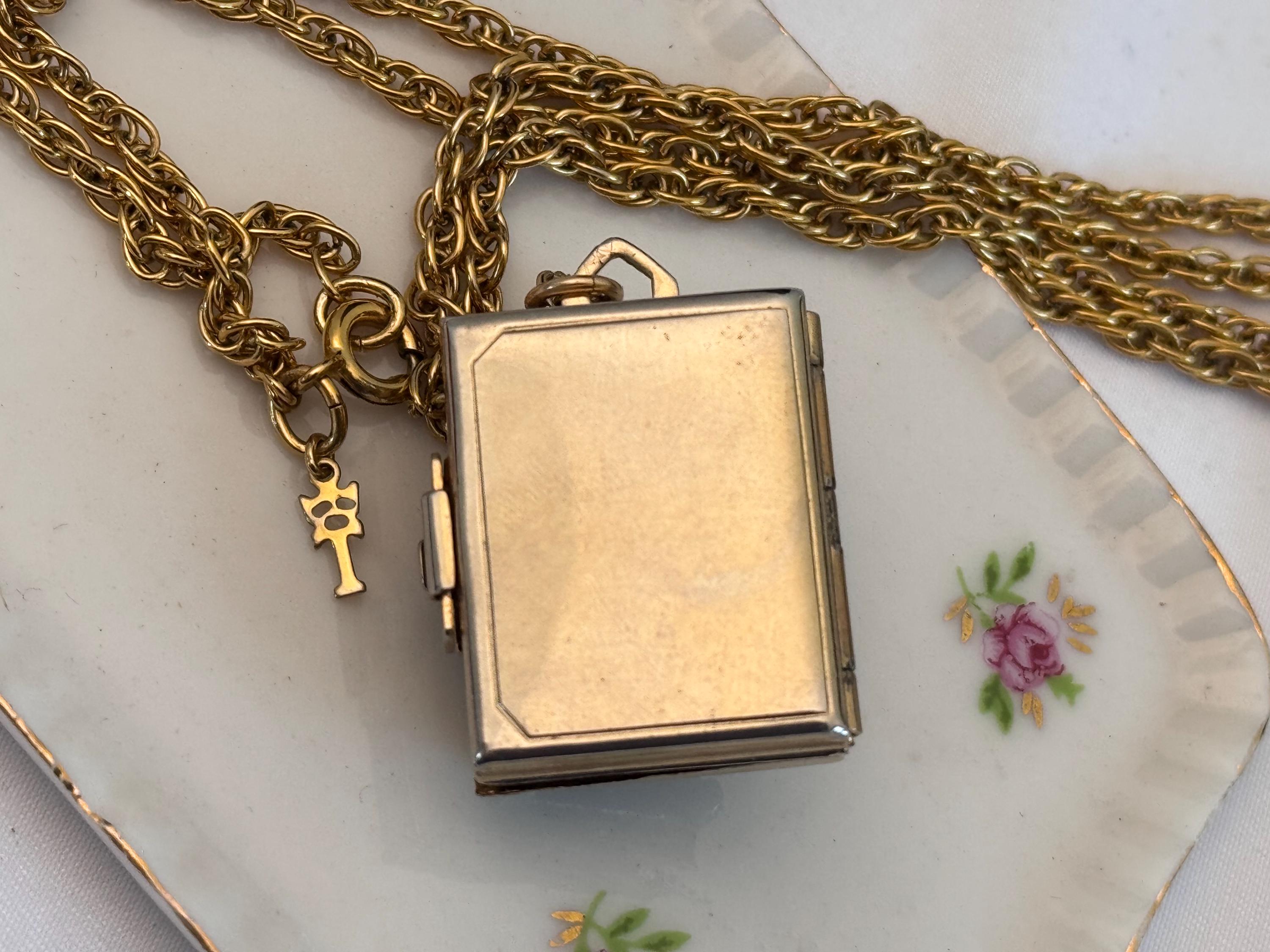 Vintage Book Locket on Gold Filled Chain - Etched Rectangular Picture ...