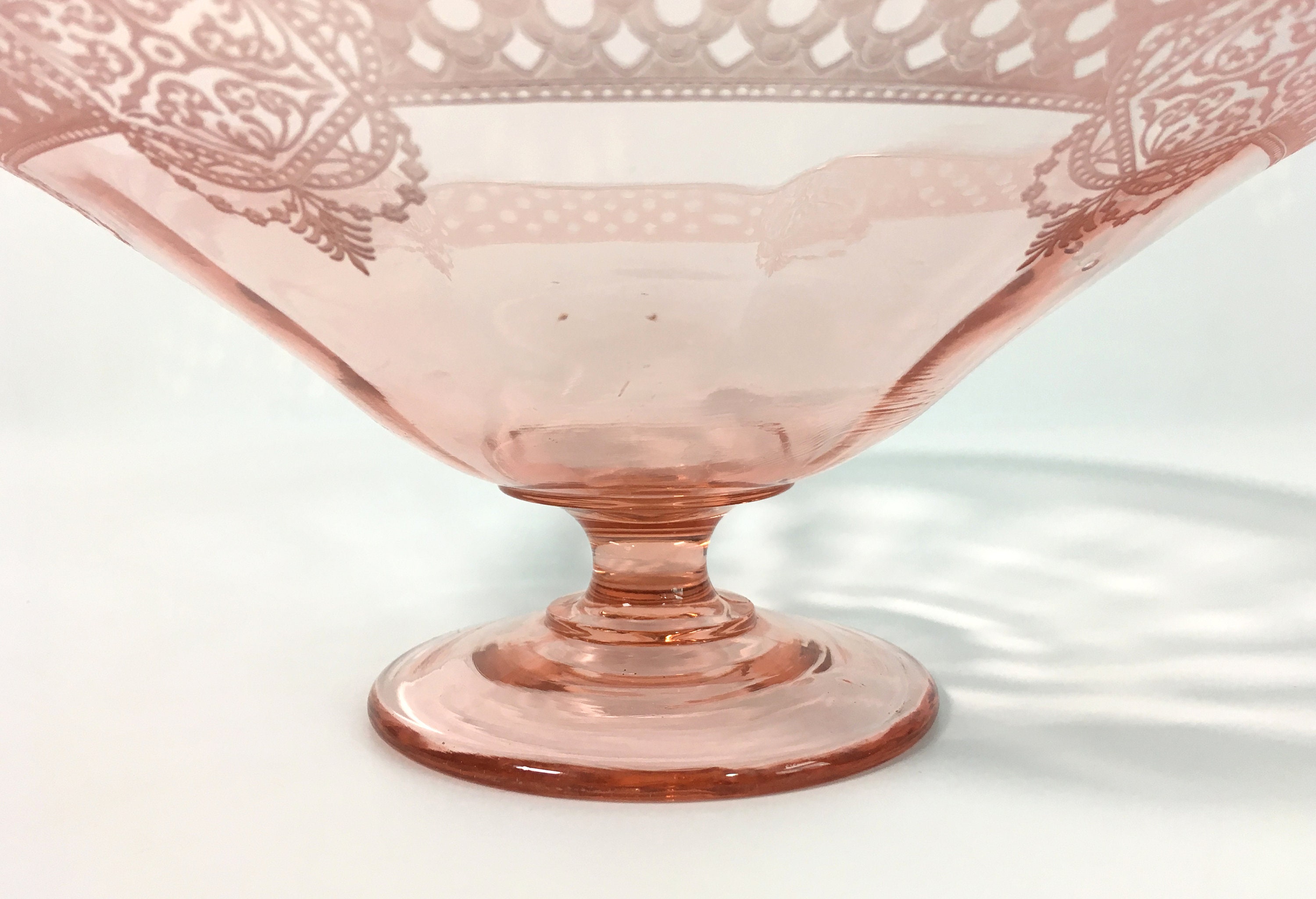 Pink Depression Glass Bowl W Etched Garland And Scalloped Band On Rim Pedestal Fruit Bowl