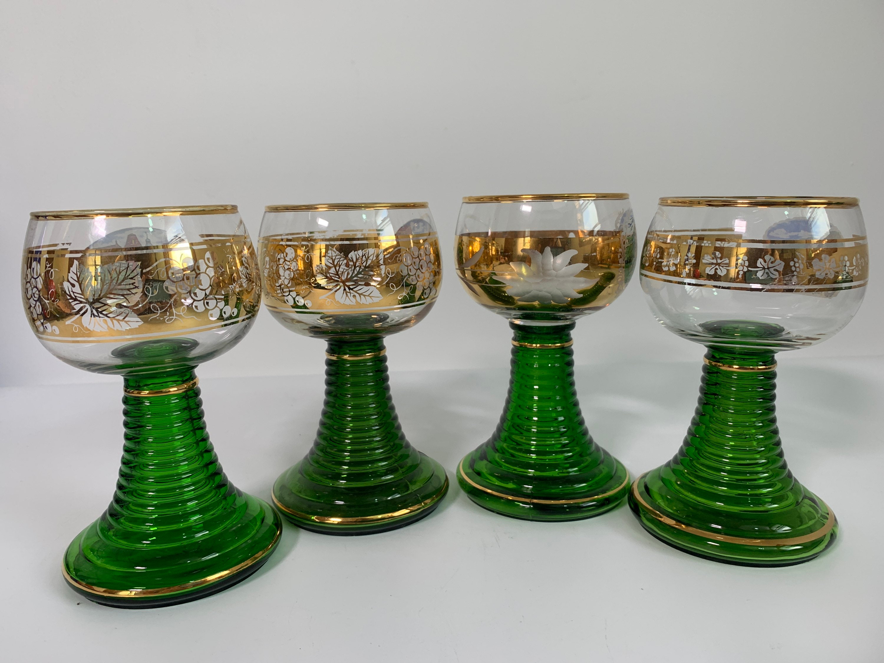 Vintage 4 Green Stem Bockling Large Wine Glasses Set Four Gold Rim Thick Stem Rhine Riesling