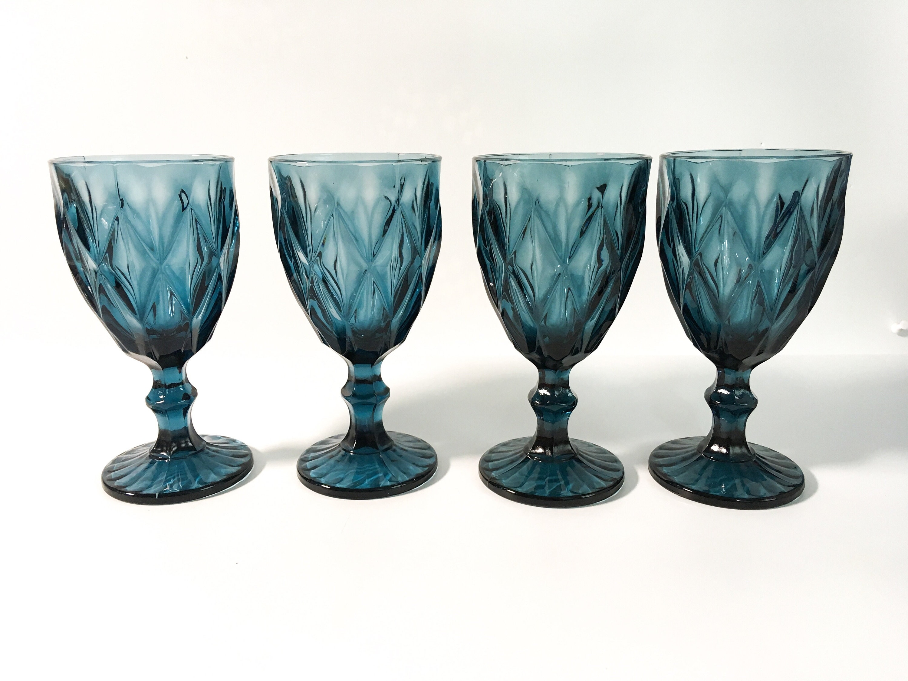 Vintage Set 4 Dark / Dusky Teal Blue Water Glasses Goblets - Four Retro ...